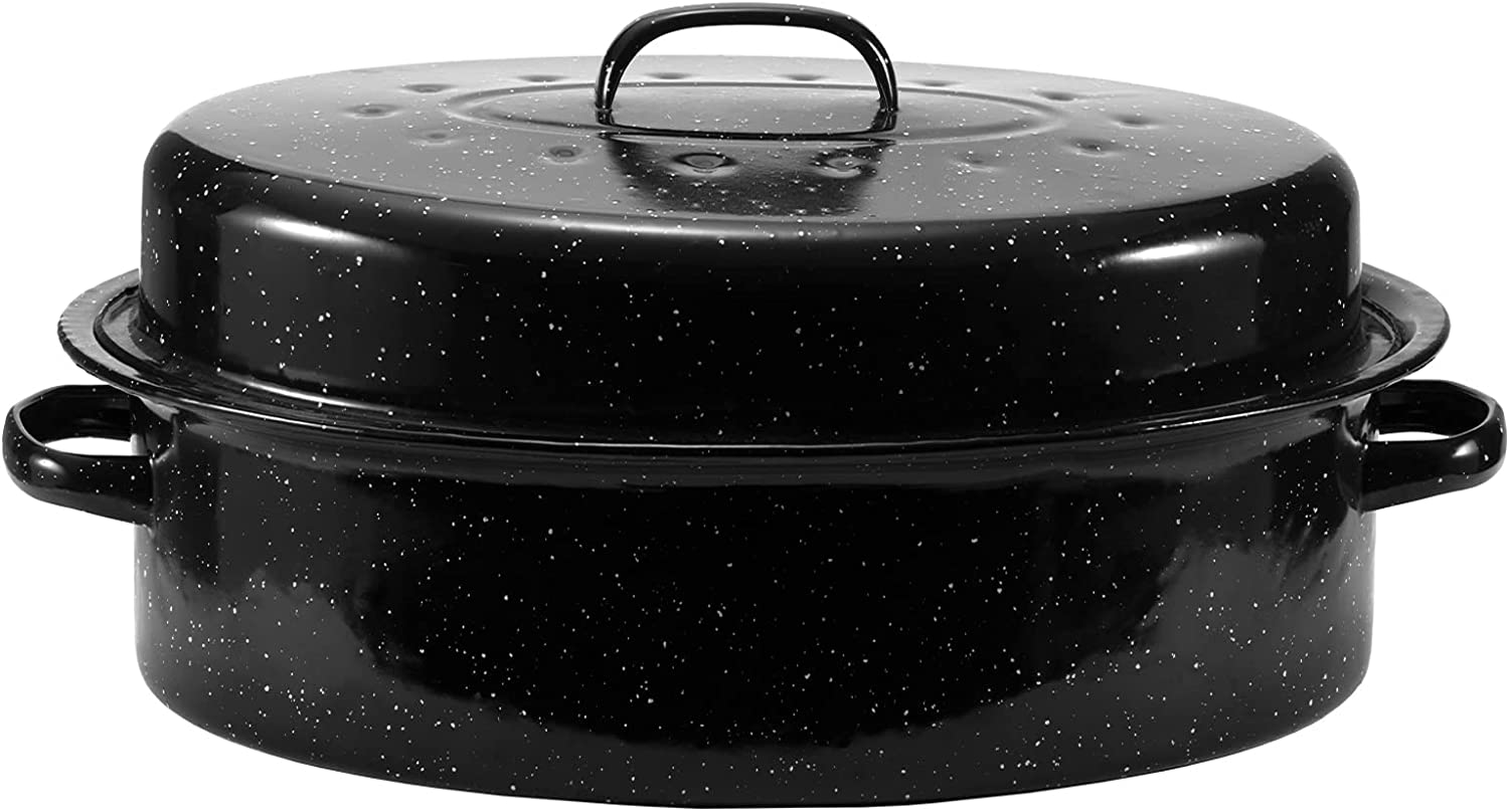 Granite Roaster Pan, 18” Enameled Roasting Pan with Domed Lid. Oval ...
