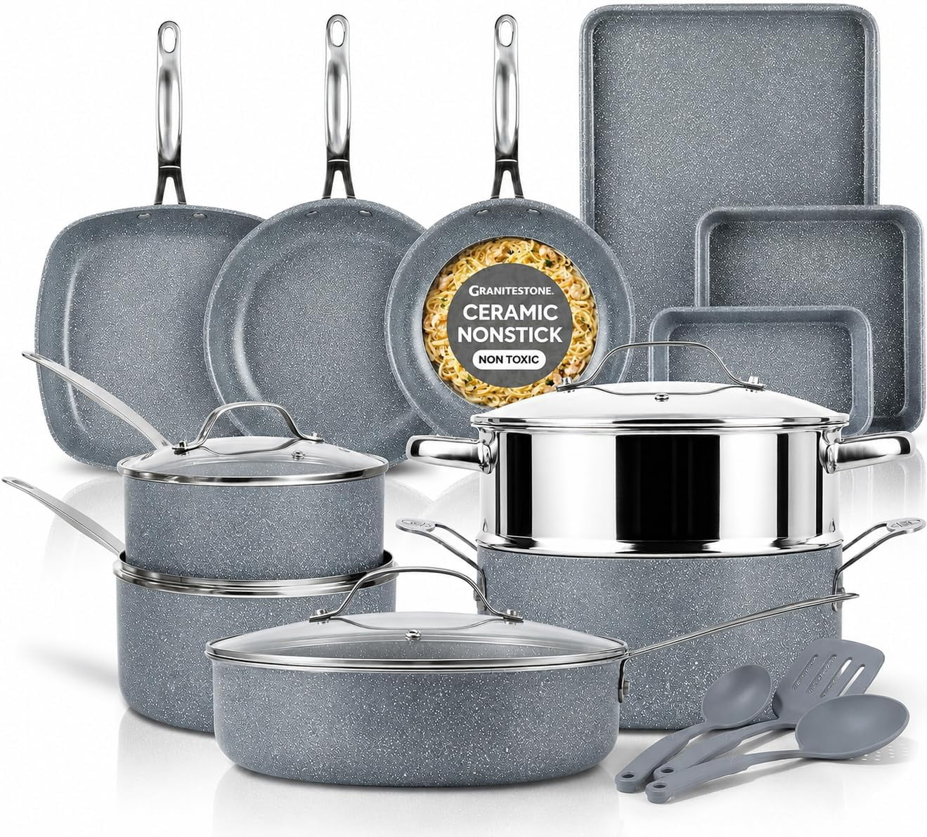 Granitestone 20 Pc Pots and Pans Set Non Stick Ceramic Cookware Oven ...