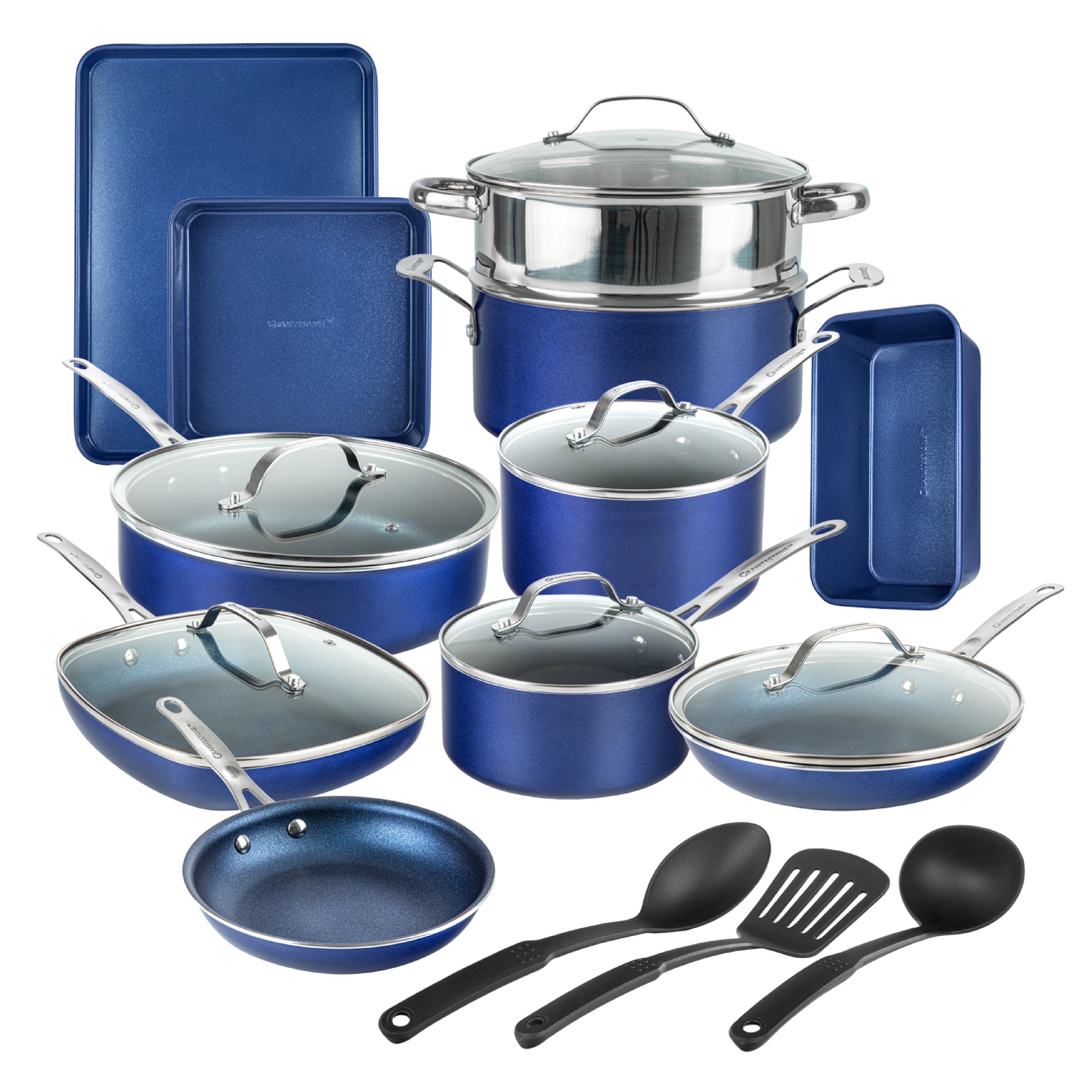 GRANITESTONE Blue 20 Pc Pots and Pans Set Non Stick Cookware Set ...