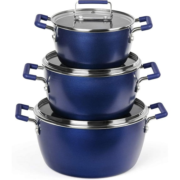 Granitestone Blue Pots and Pans Set Nonstick, 6 Stackable Piece Cooking ...