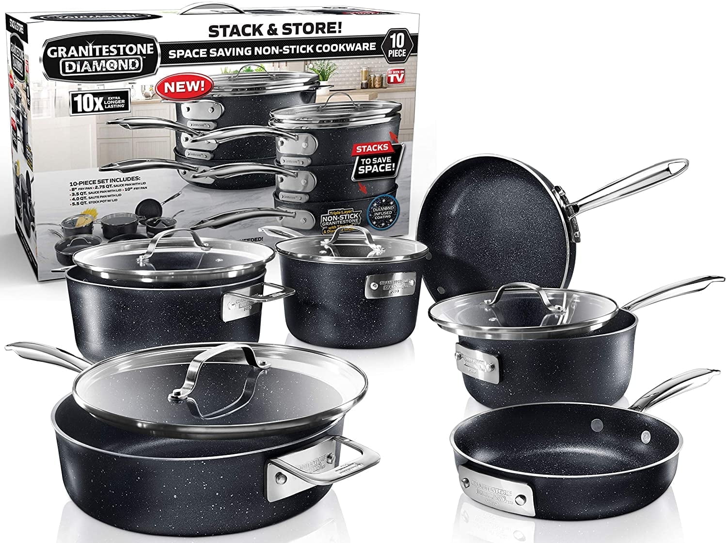 Granitestone Stackmaster Nonstick Pots and Pans Set, 10 Piece Complete ...
