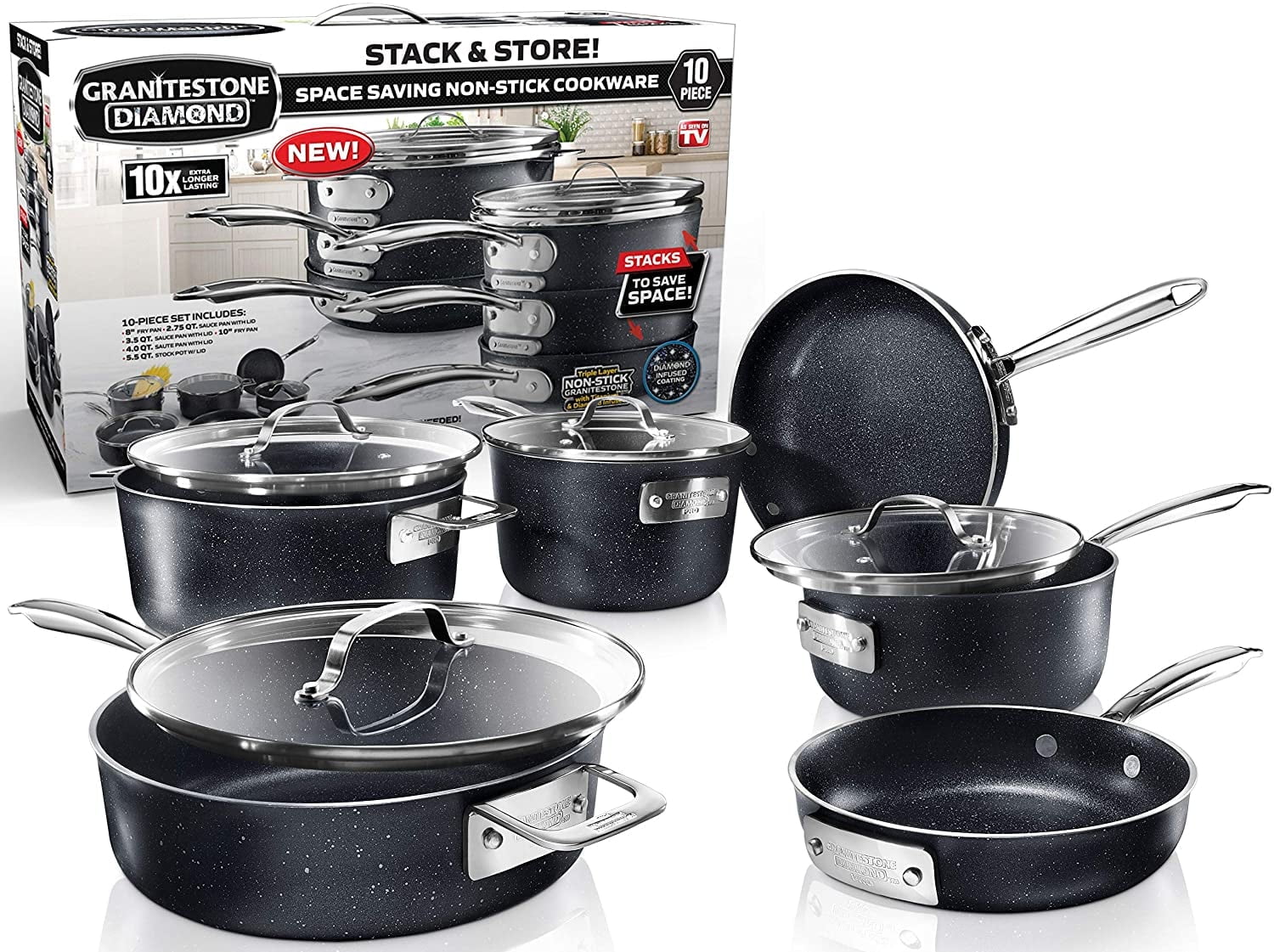 Granitestone Stackmaster Nonstick Pots and Pans Set, 10 Piece Complete ...