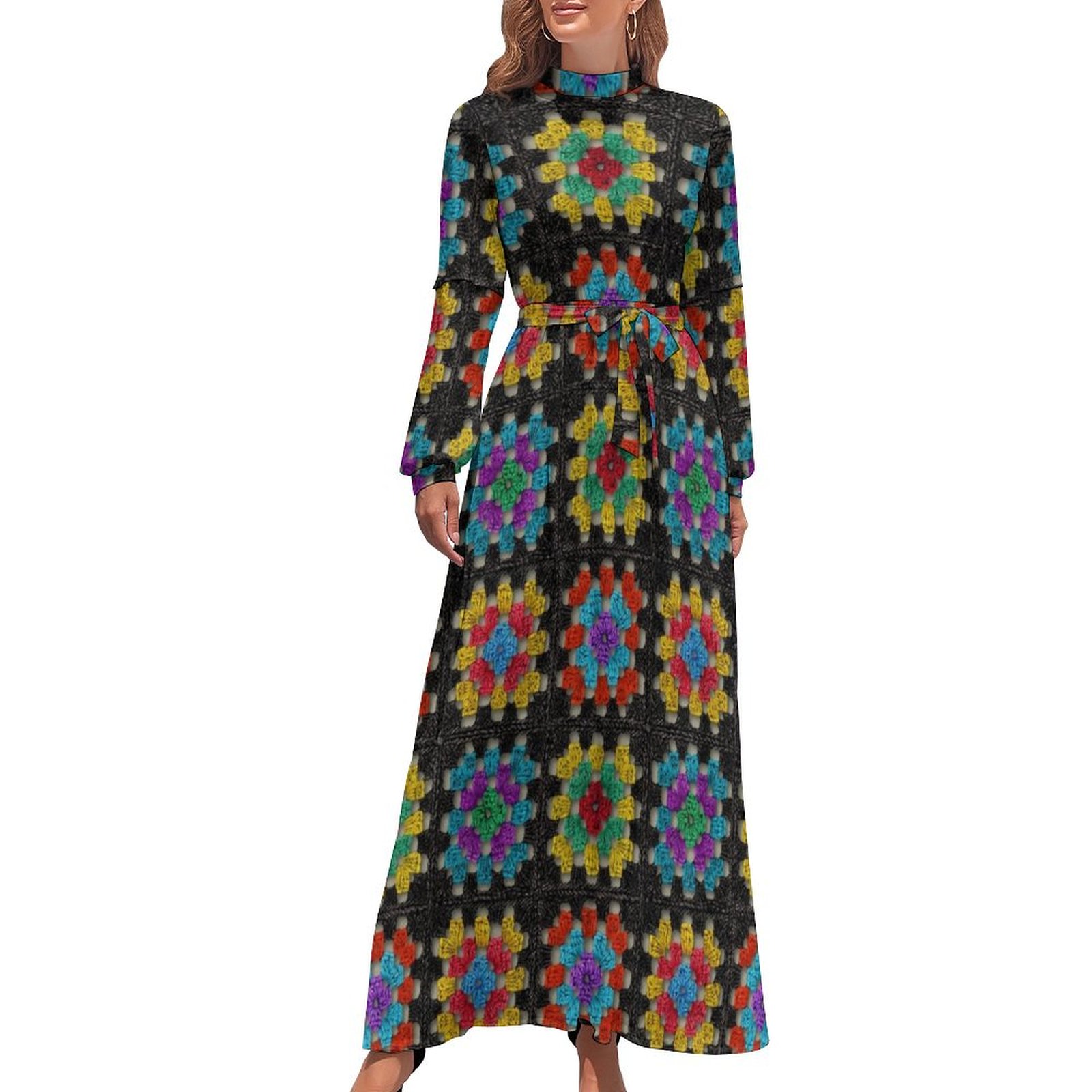 Granny Square Retro Crochet Afghan Blanket Long Dress summer women's ...