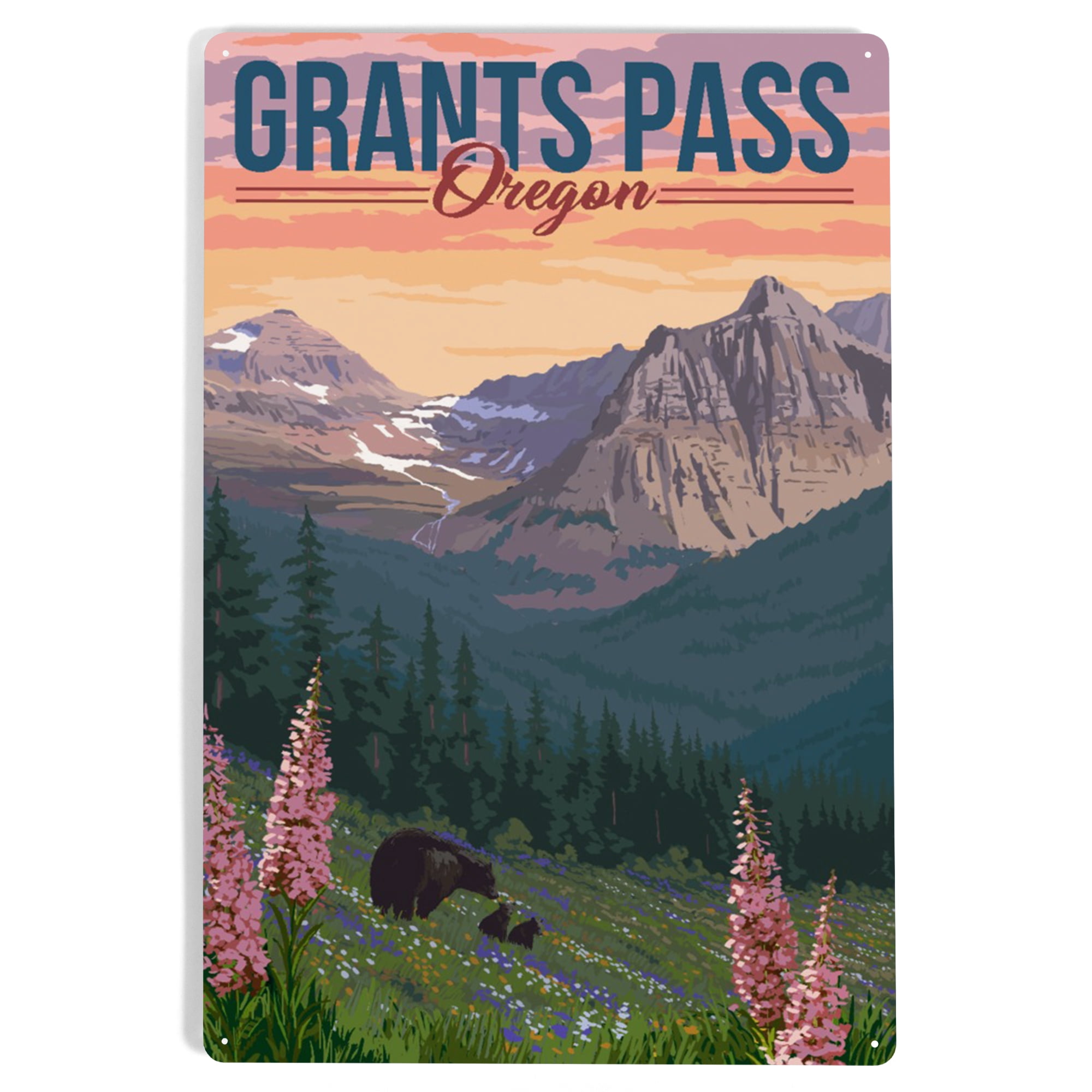 Grants Pass, Oregon, Bear and Spring Flowers (12x18 Aluminum Art ...