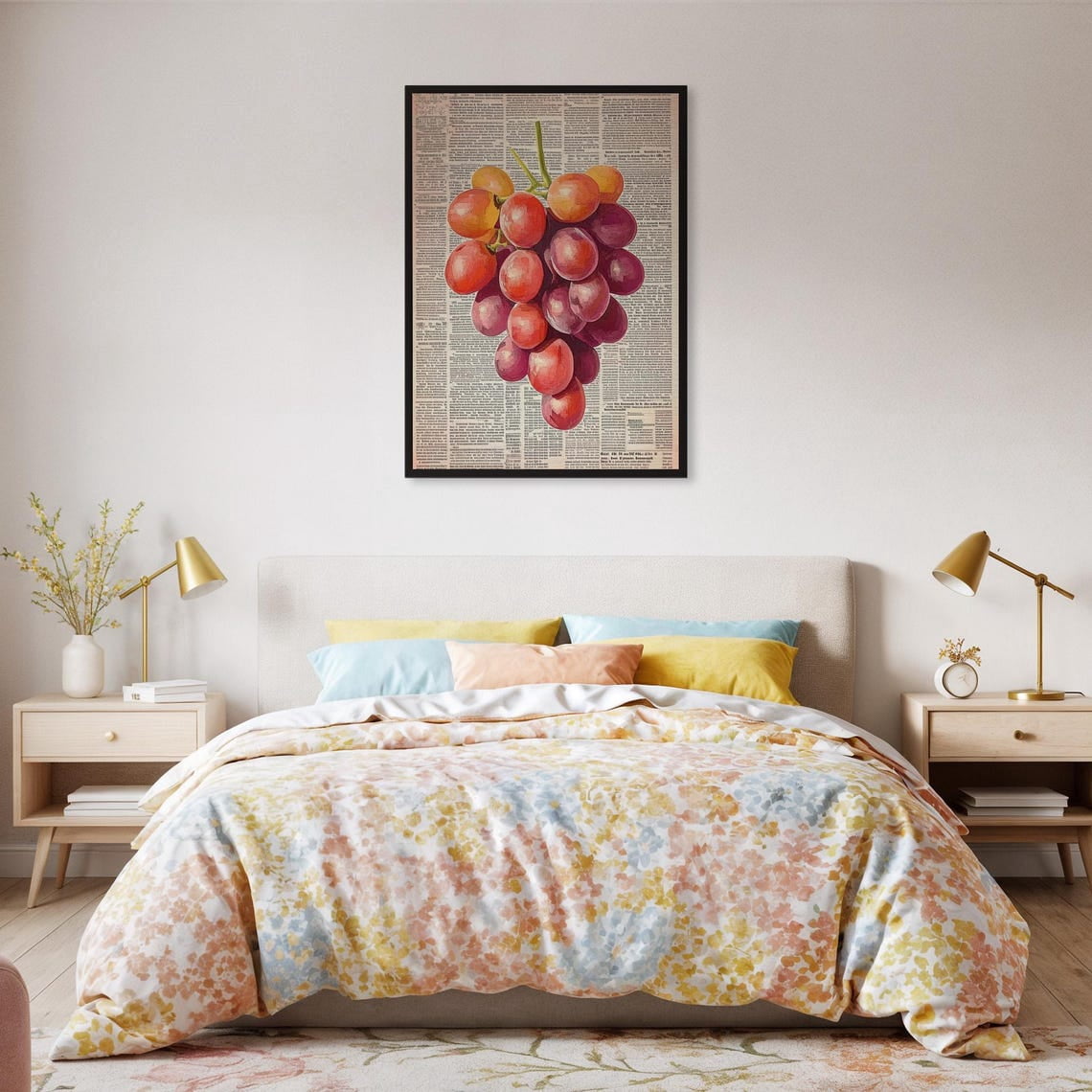 Grape Fruit Art Poster Vineyard On Vintage Newspaper Background Rustic ...
