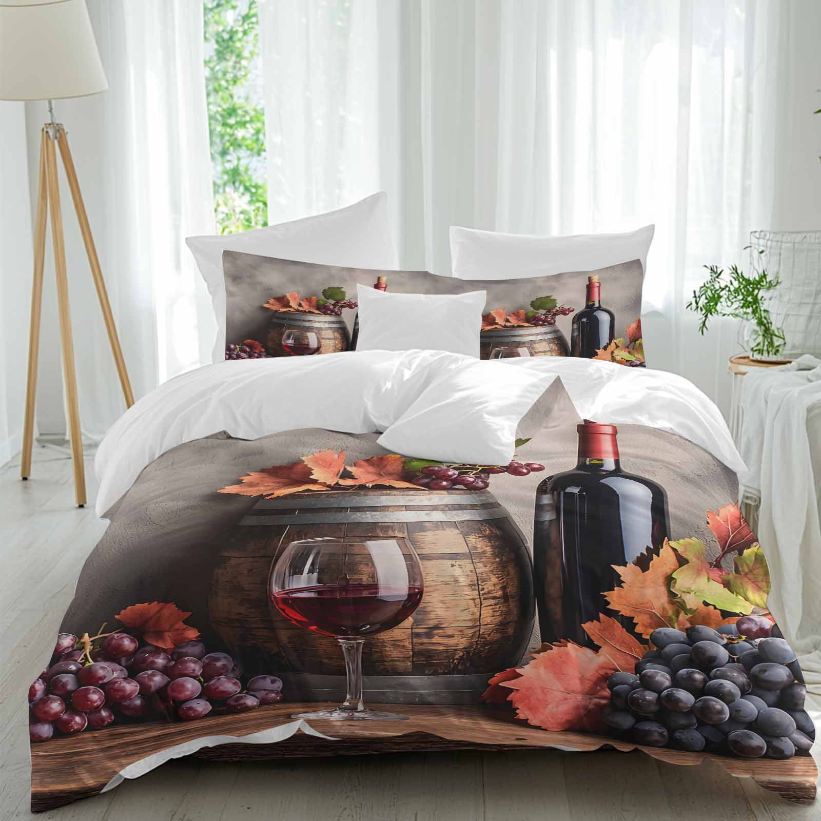 Grape Wine Duvet Cover Set Queen Size Barrel Maple Leaf Vintage Country ...