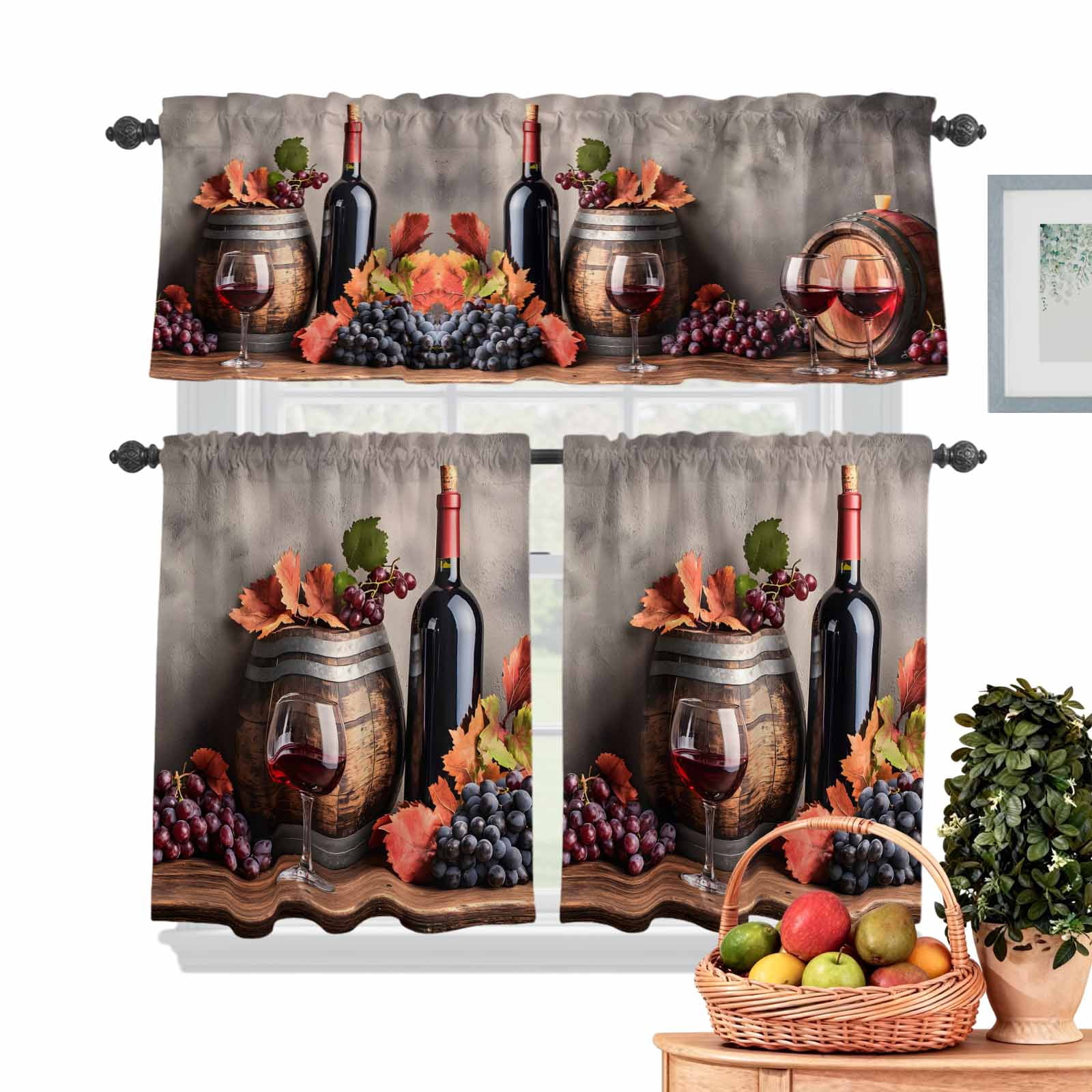 Grape Wine Kitchen Curtains Valances 3 Piece Set, Barrel Maple Leaf Rod ...