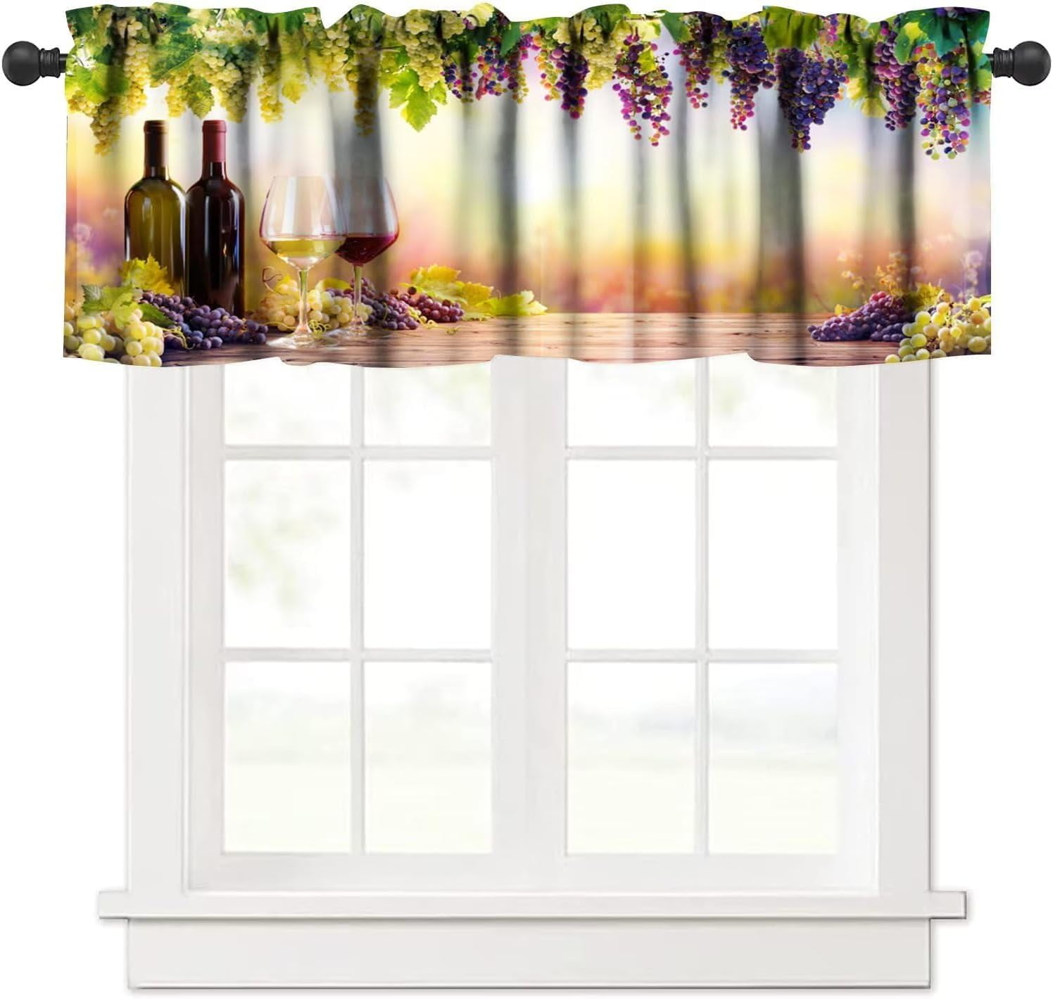 Grapes Curtain Valance Rod Pocket Bottles Glasses Wine on Wooden Table ...