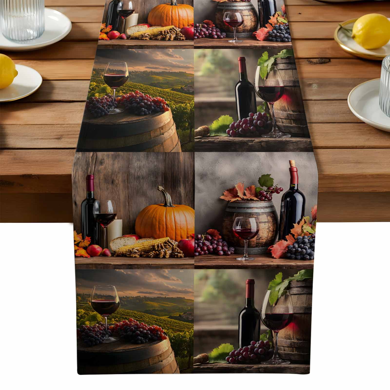 Grapes Wine Farm Barrel Table Runners 13x70 Inches Long Linen Burlap ...