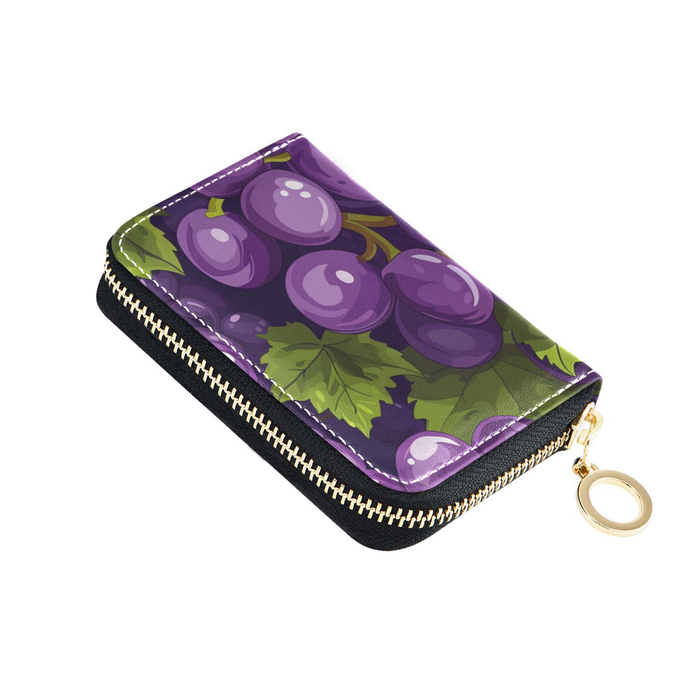 Grapes and Leaves Cartoon Women's Credit Card Holder PU Leather Zipper ...