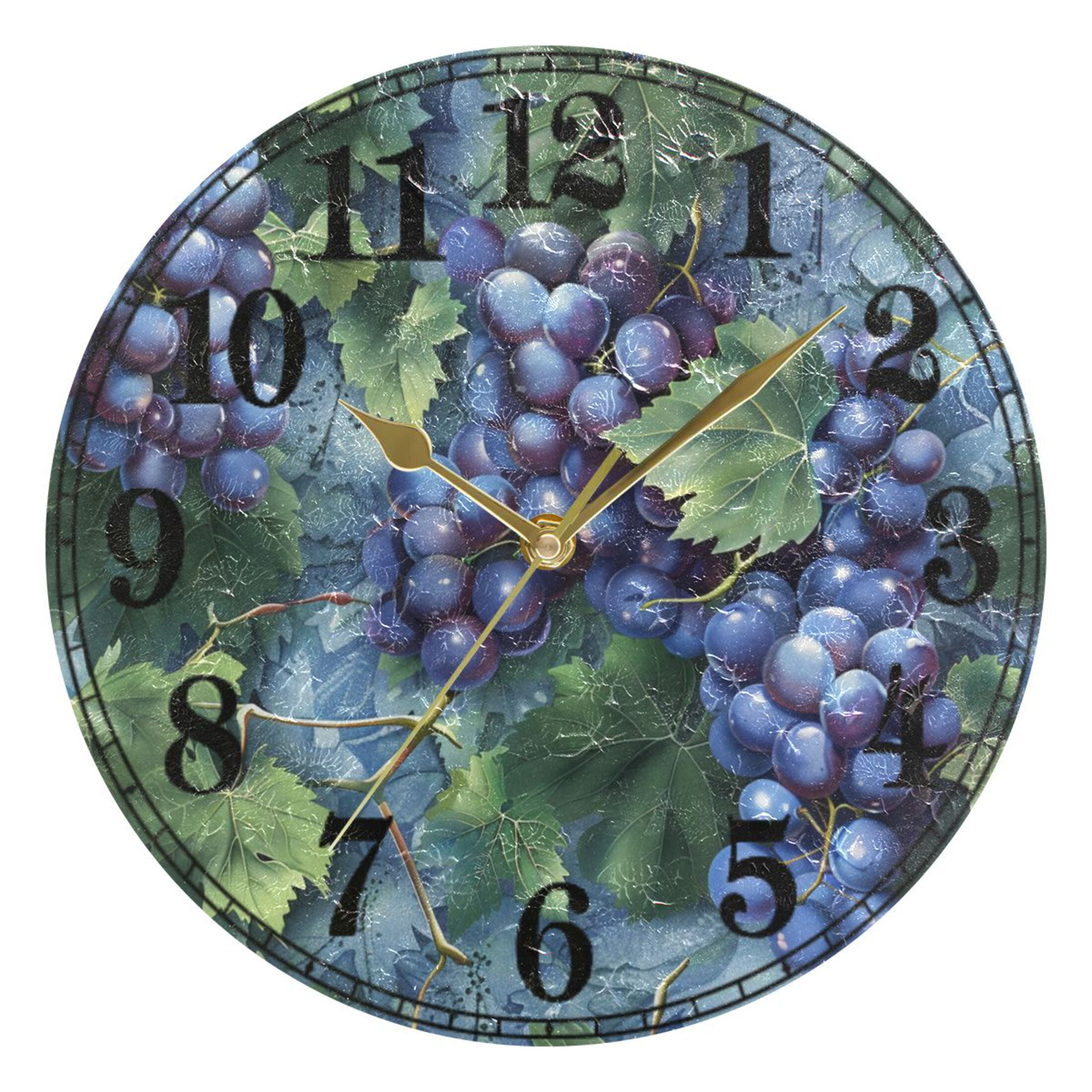 Grapes and Leaves Silent Wall Clock 10" Non-Ticking Battery Clock ...