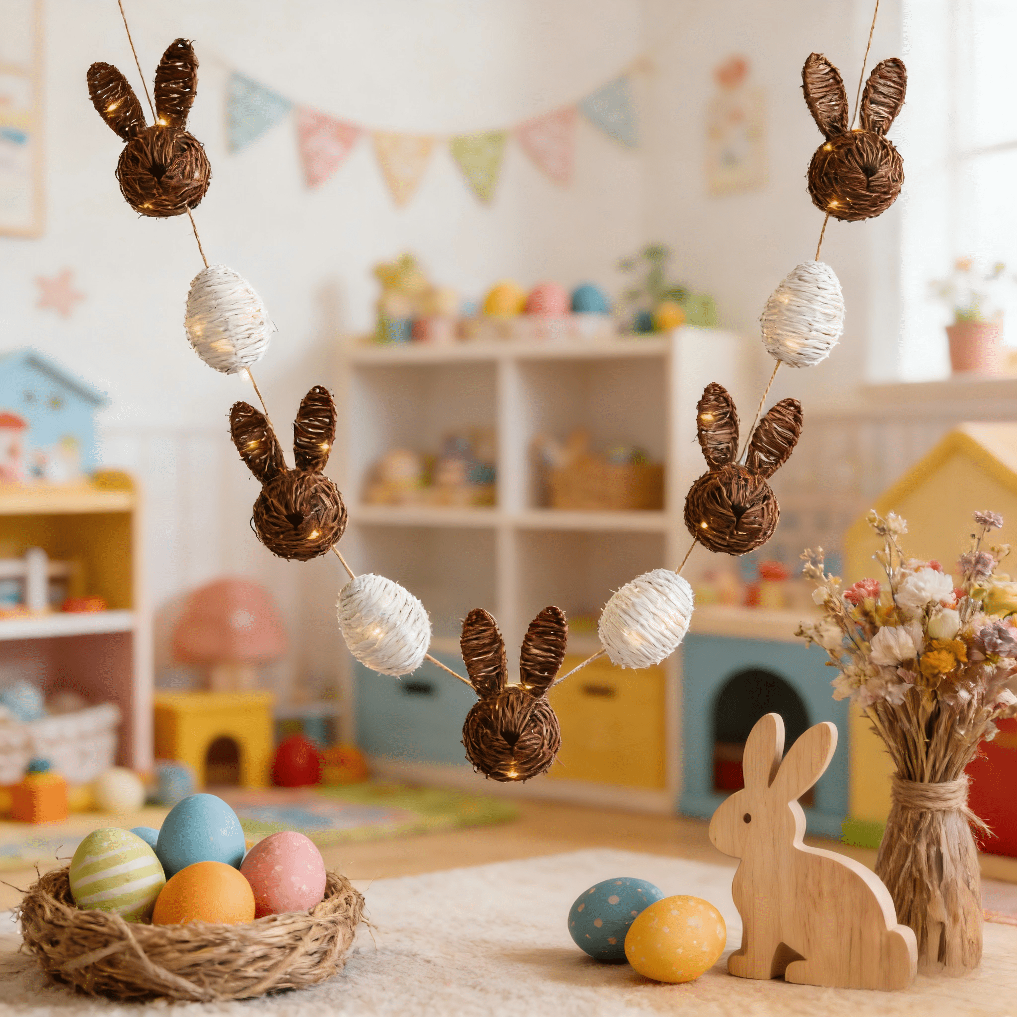 Grapevine Bunny & Egg String Light, Easter Rattan Bunny & Egg Garland ...