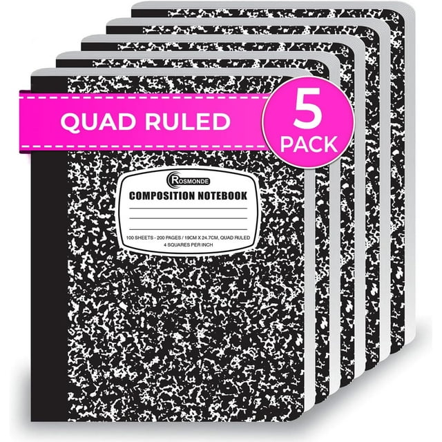 Graph Paper Composition Notebook, 5 Pack, 200 Pages (100 Sheets), Quad ...