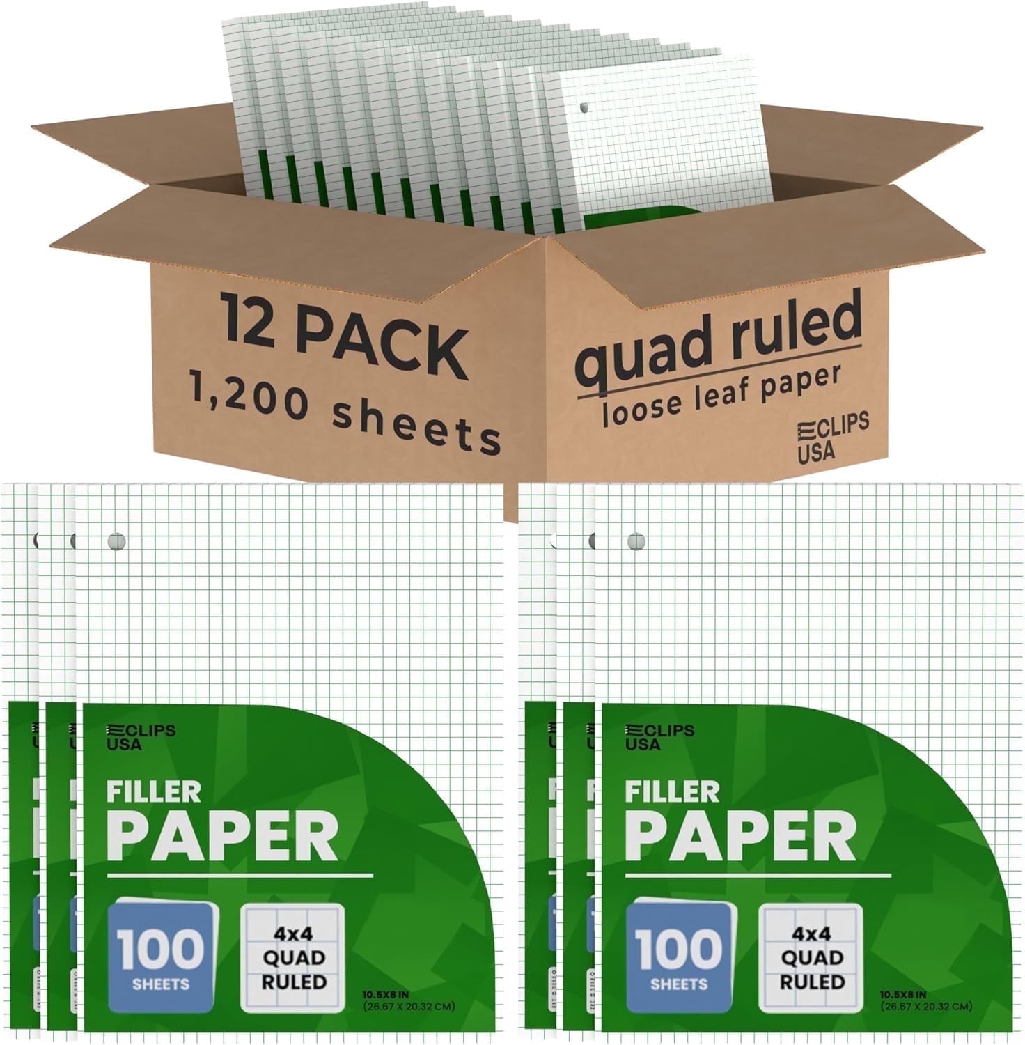 E-Clips USA 100-Sheet Graph Paper 4 x 4 Quad-Ruled Loose Leaf Paper, 12 ...
