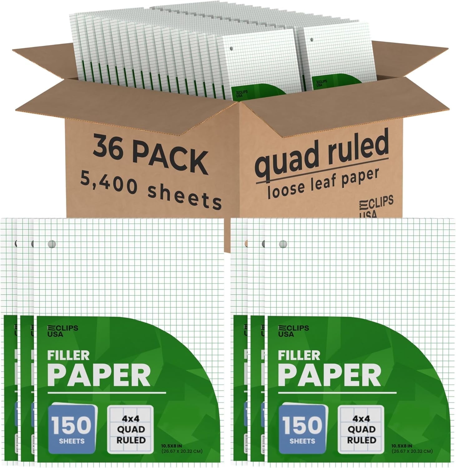E-Clips USA 150-Sheet Loose Leaf Paper Quad-Ruled Graphing Paper, 56 ...