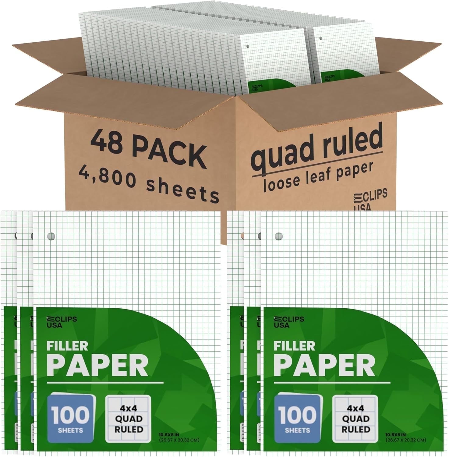 E-Clips USA 100-Sheet Graph Paper 4 x 4 Quad-Ruled Loose Leaf Paper, 48 ...