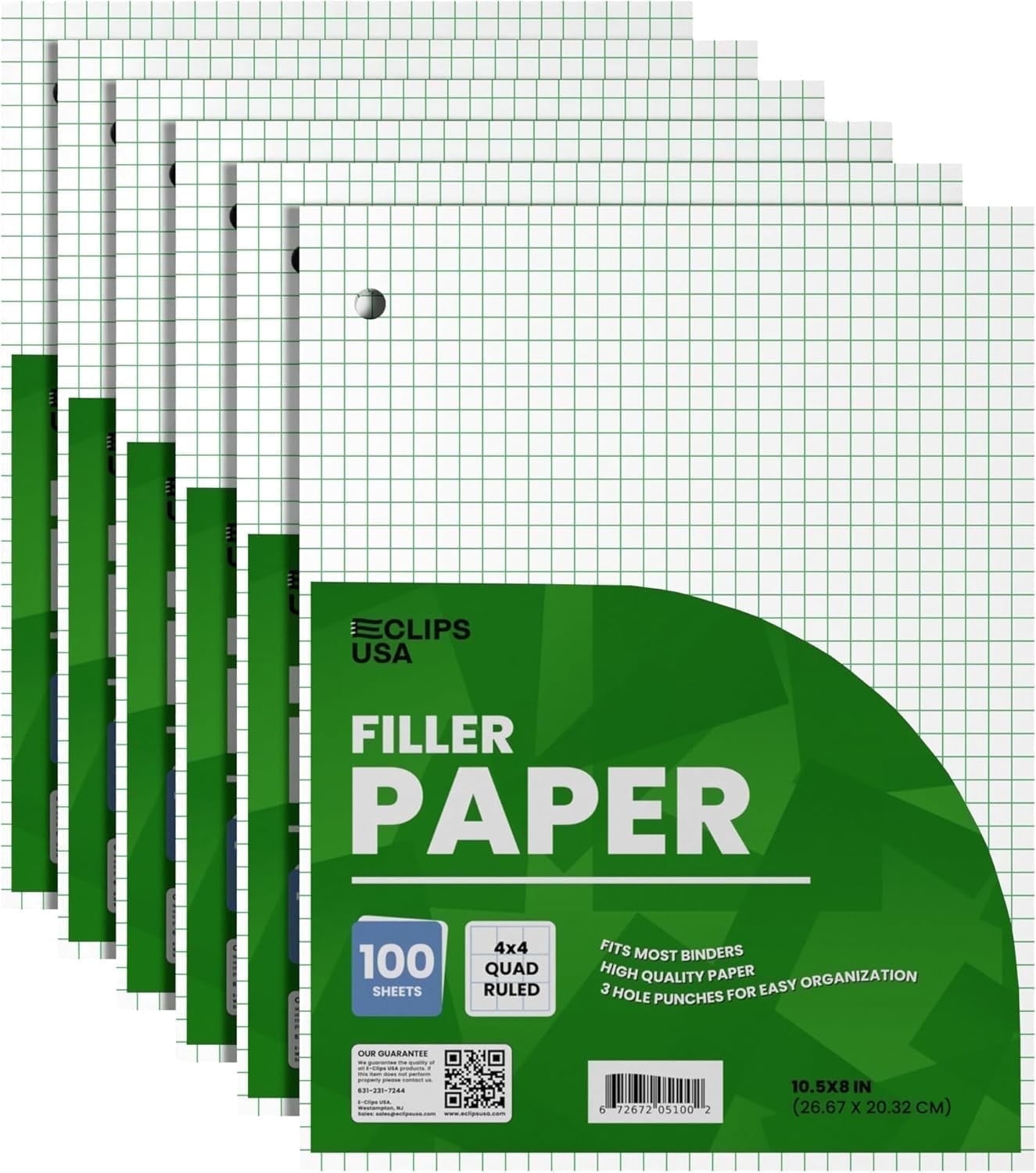 E-Clips USA 100-Sheet Graph Paper 4 x 4 Quad-Ruled Loose Leaf Paper, 6 ...