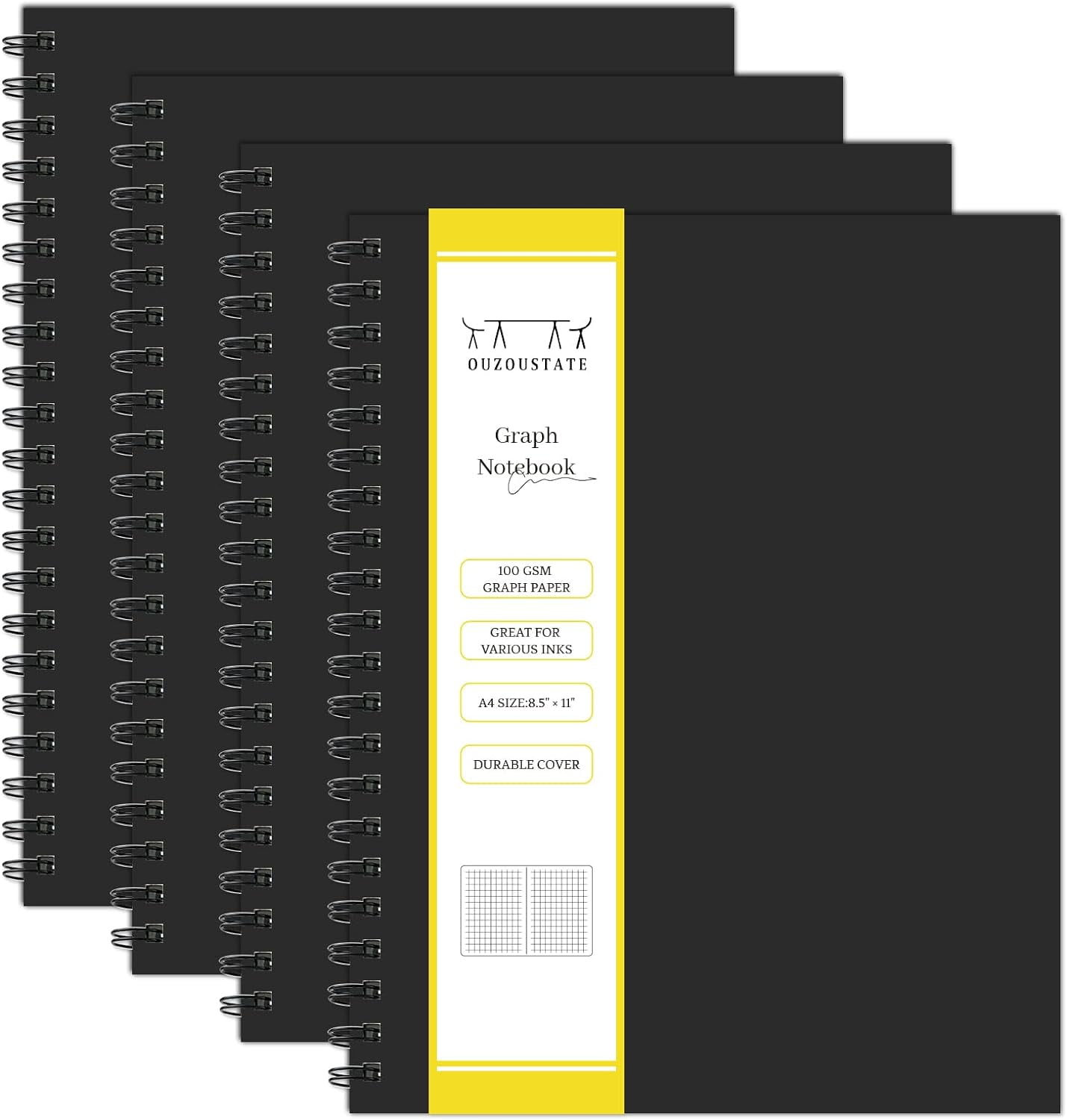 Graph Paper Spiral Notebook-A4 Grid Journal 8.5" x 11" - 4 Pack 160 ...