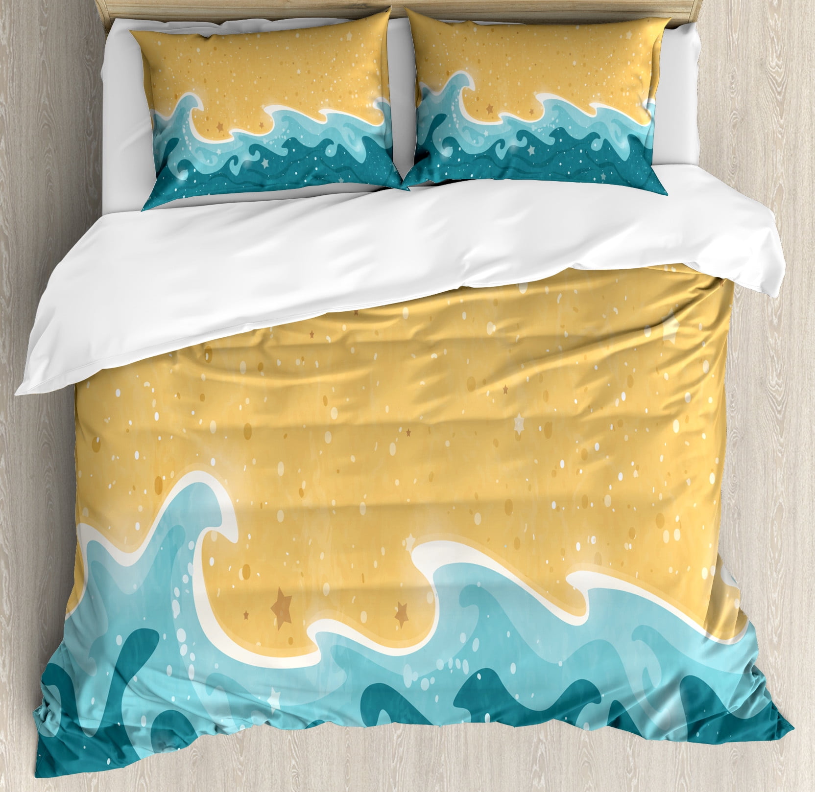 Graphic Beach Duvet Cover Set, Design with Waves Stars and Grunge Spots ...
