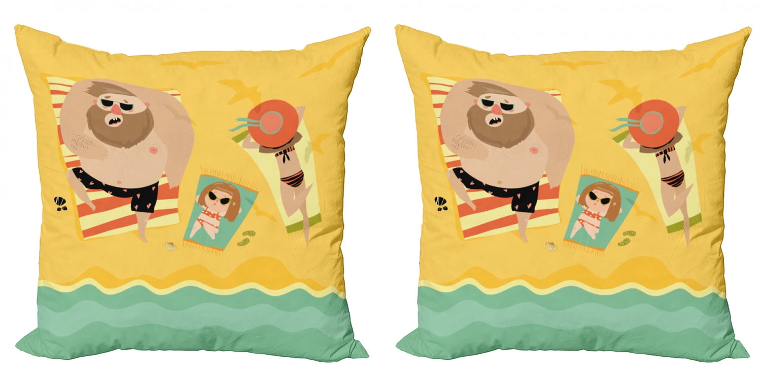 Graphic Beach Throw Pillow Cushion Cover Pack of 2, Happy Cartoon ...