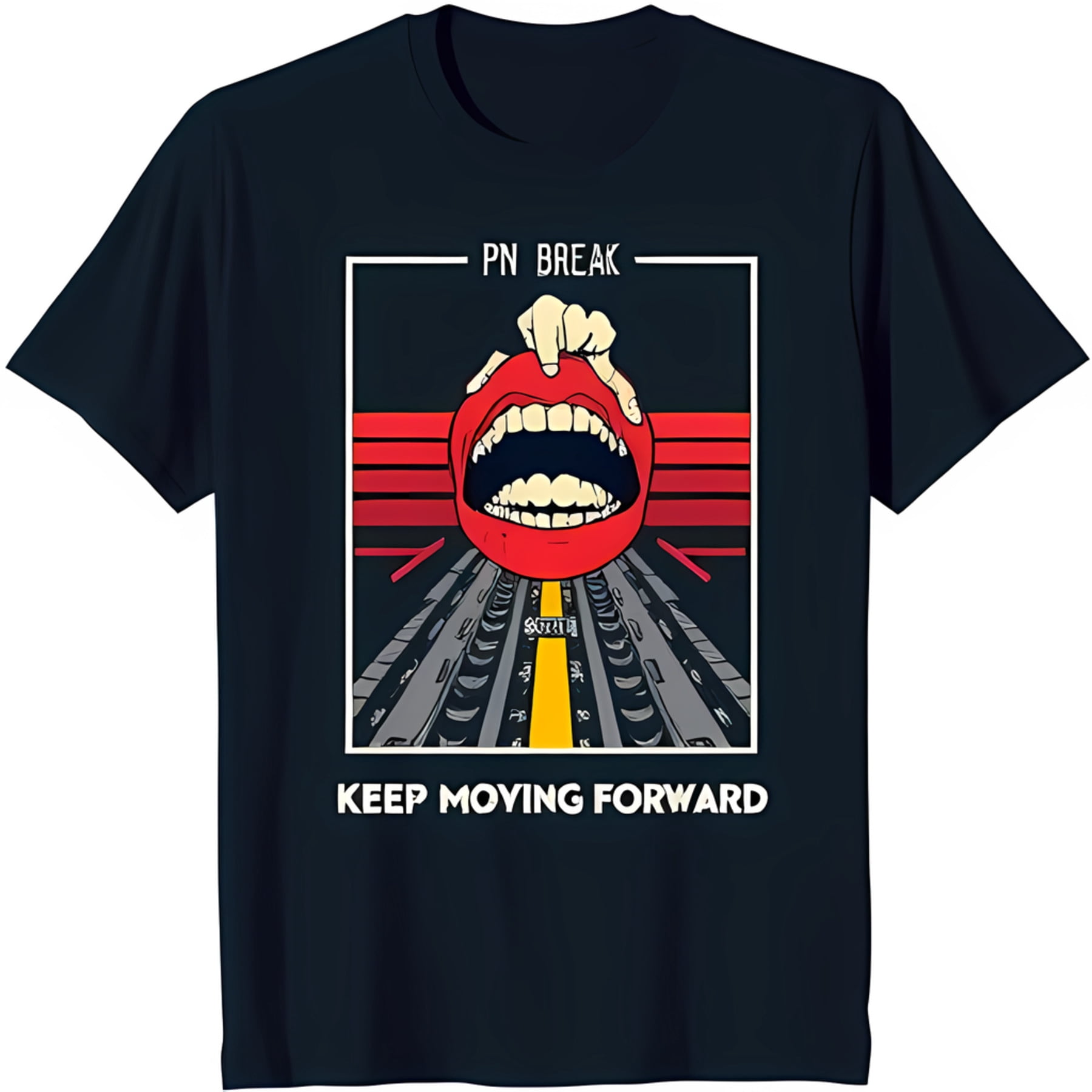 Graphic Black T-Shirt with Cartoon Mouth Hand and 'Keep Moving Forward ...