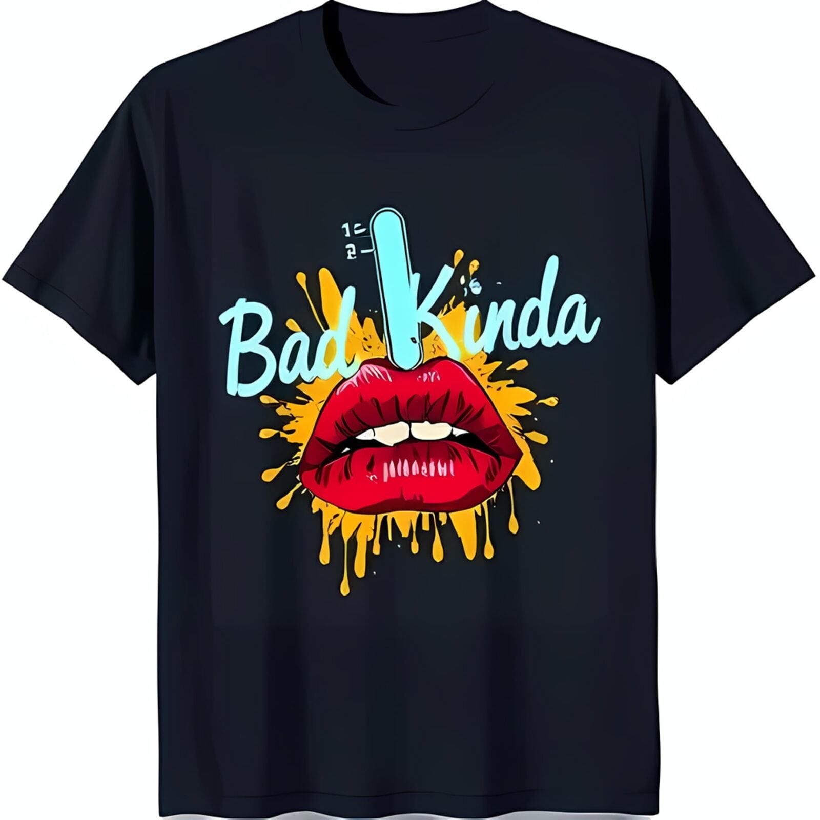 Graphic Black T-Shirt with Red Mouth & Blue 'Bad Kinda' Design ...