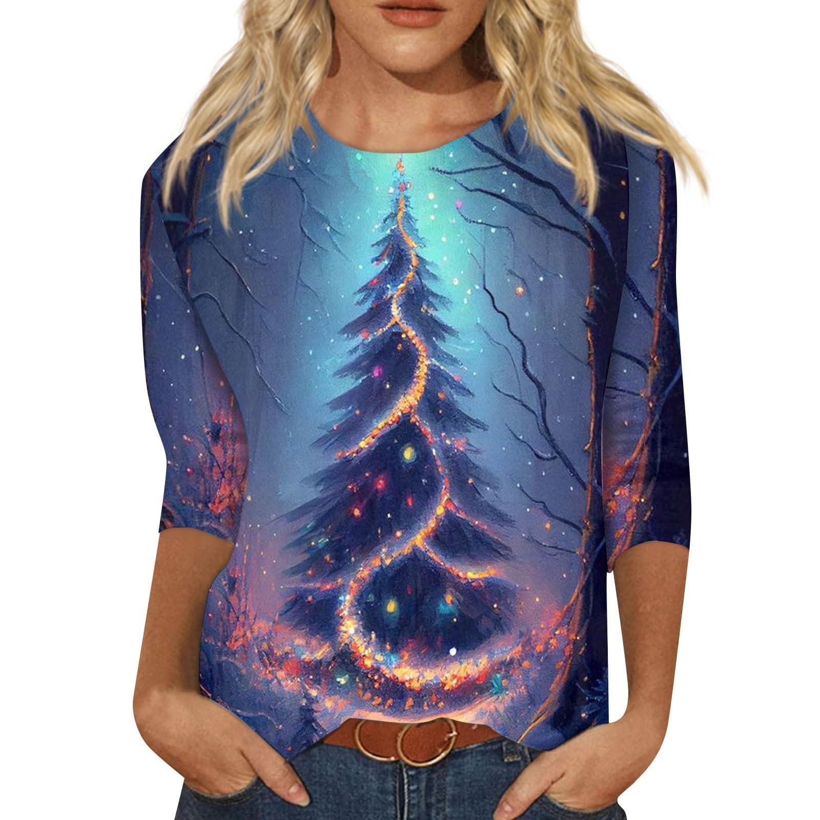 Graphic Christmas T Shirts 3/4 Length Sleeve Womens Tops Crewneck Cute ...