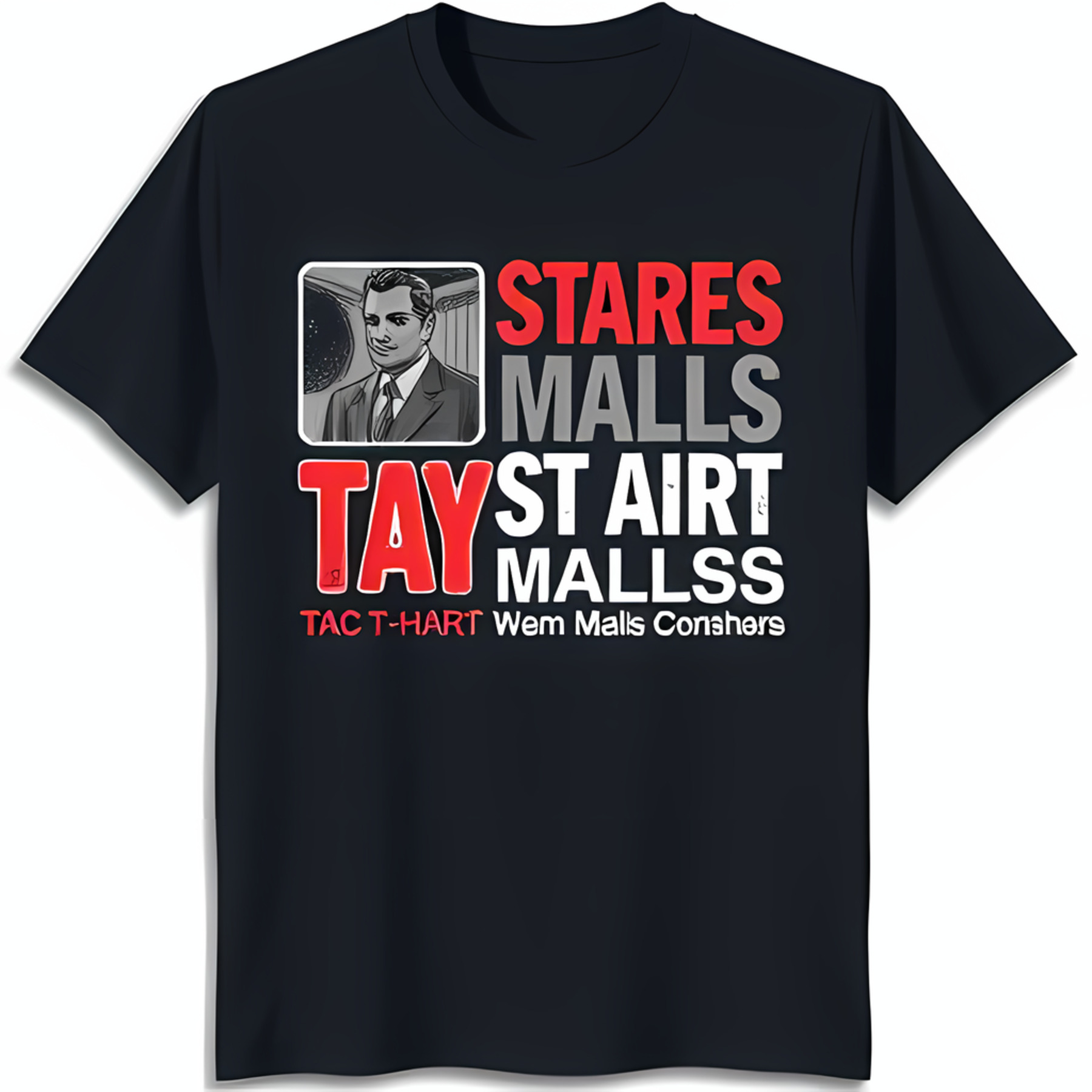 Graphic Dark Blue T-Shirt with 'Stares Malls Tay St Air Mallss' Design ...