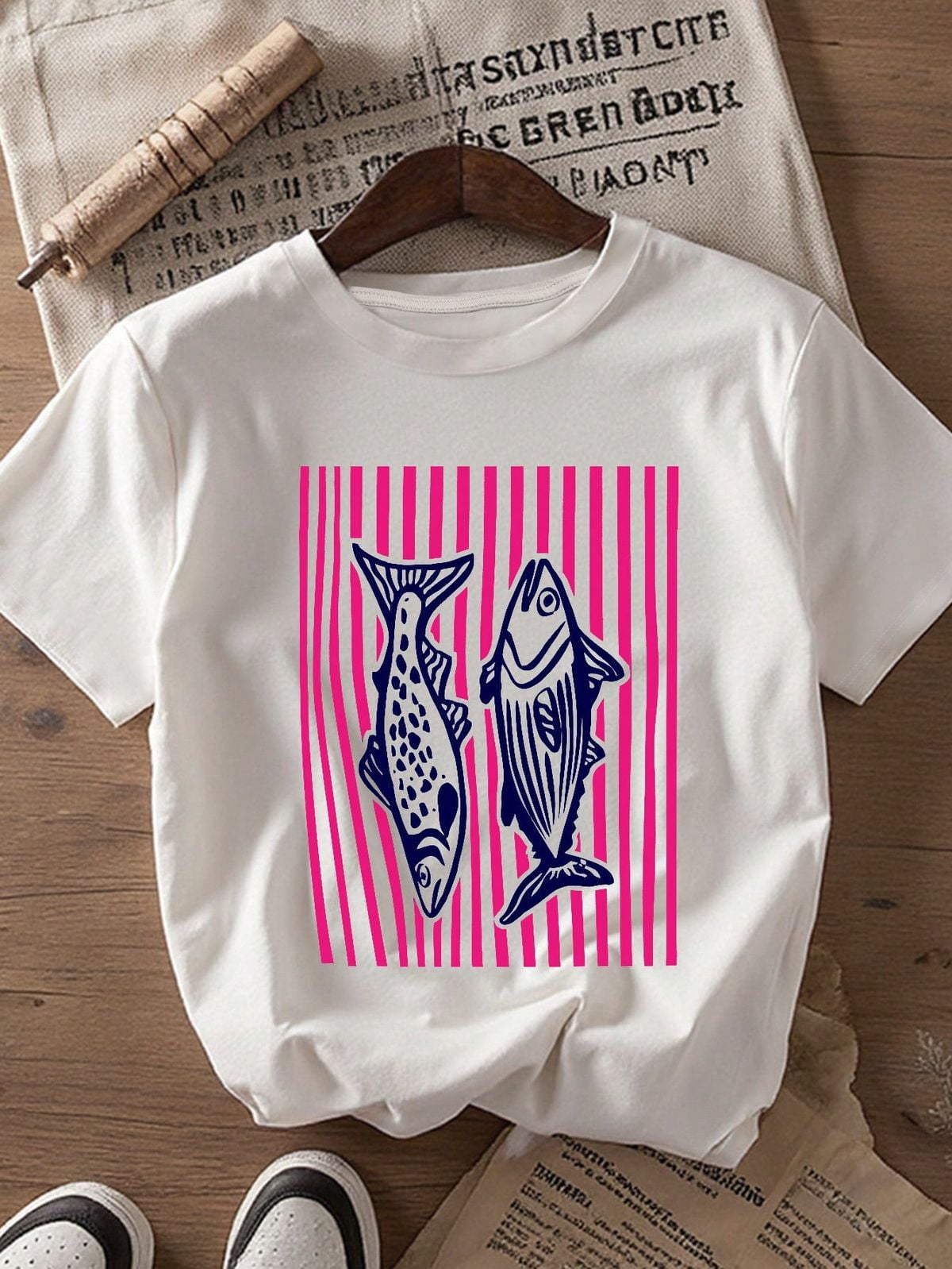 Graphic Fish Duo Art Tee with Bold Pink Stripe Background for Unique ...