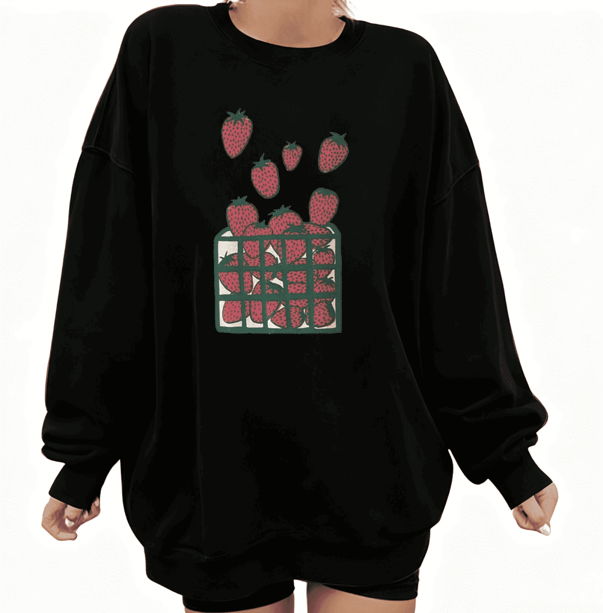 Graphic Sweatshirt Black Strawberry Basket Print Size S-2XL Cute Fruit ...