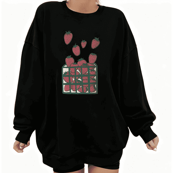 Graphic Sweatshirt Black Strawberry Basket Print Size S-2XL Cute Fruit ...