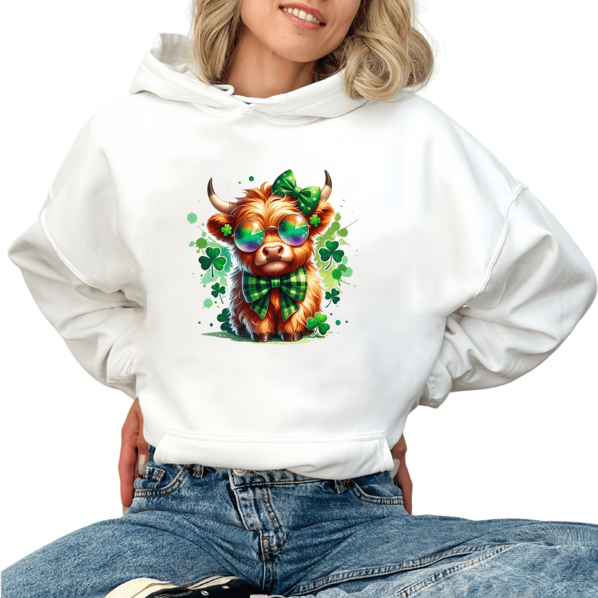Graphic Sweatshirt Print Hoodie Cool Highland Cow Four Leaf Clover St ...