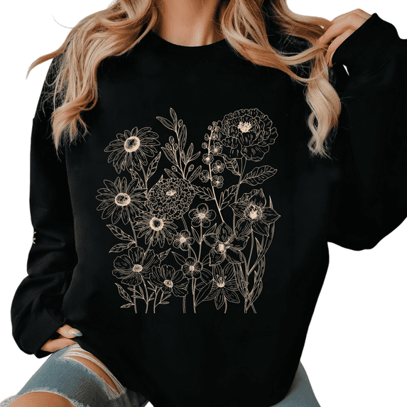 Graphic Sweatshirt Print Sweatshirt White Brown Line Floral Pattern ...