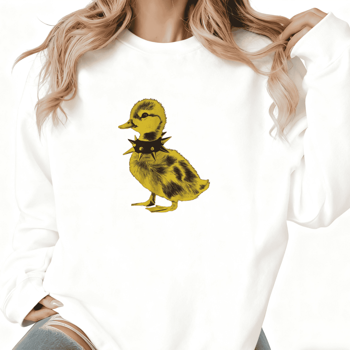 Graphic Sweatshirt White Print Yellow Duckling Bowtie Design Casual ...