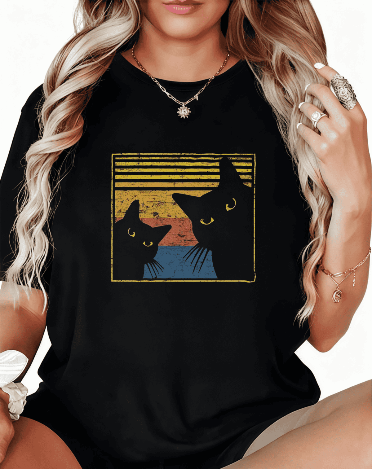 Graphic Tees Print T shirt Modern Vintage Cats Retro Sunset Black S-5XL ...