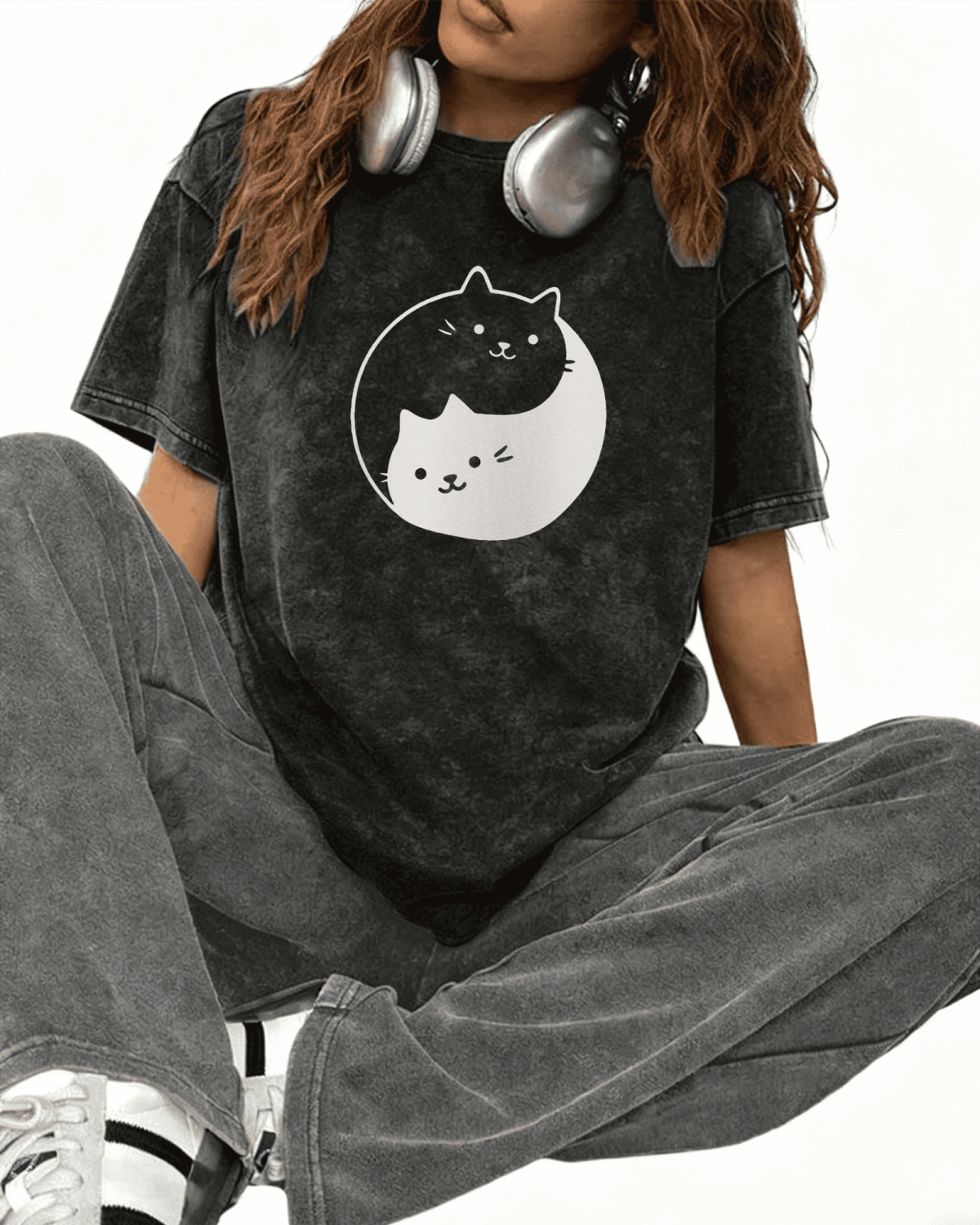 Graphic Tees Wash Print Tshirt Shirts Cute Yin Yang Cats Print Black S ...