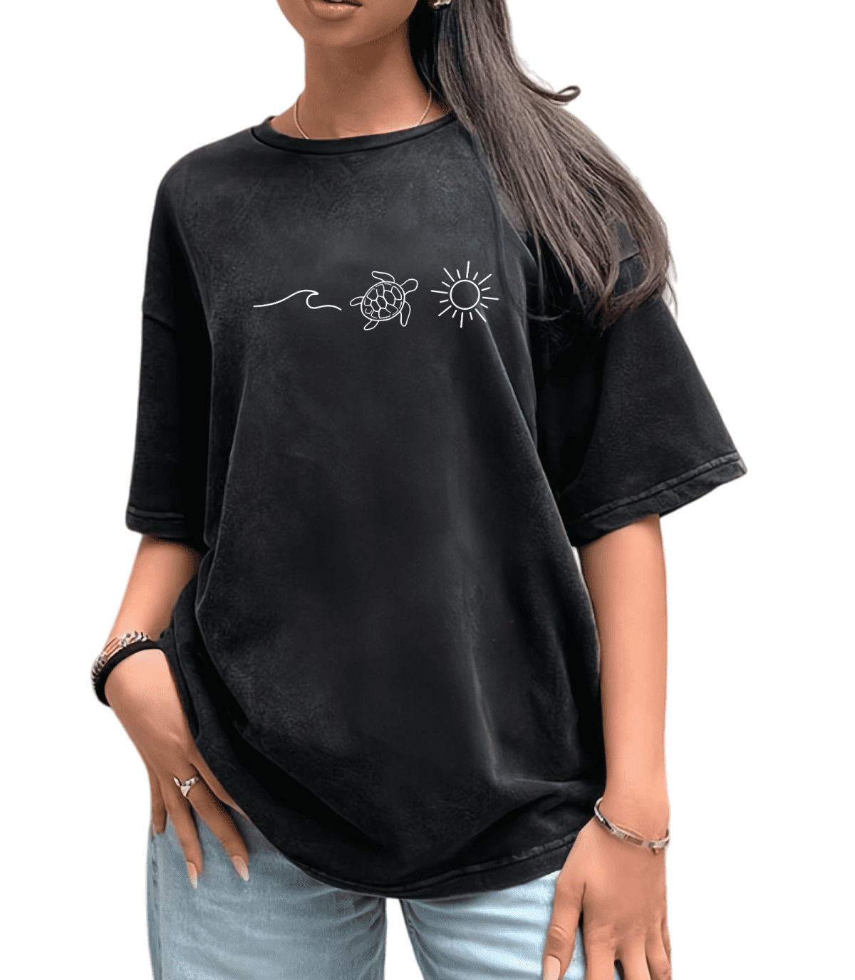 Graphic Tees Washed Black Print Tshirt Sea Turtle Wave Sun Animal ...