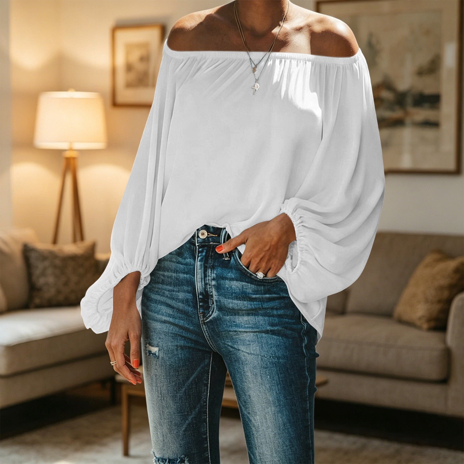 Graphic Tees for Women Elegant Off Shoulder Puff Sleeve Top Lightweight ...