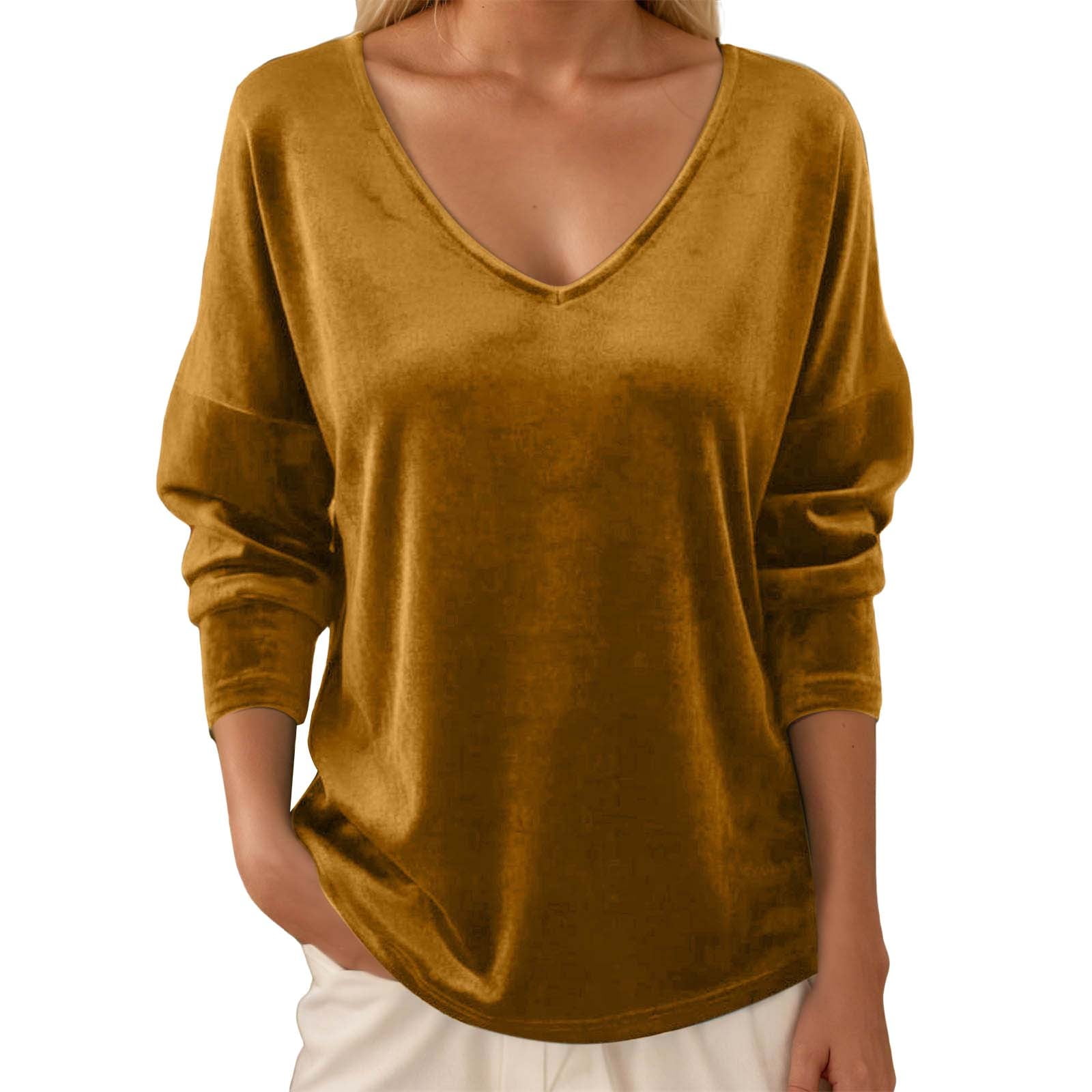 Graphic Tees Women Solid Velvet V Neck Long Sleeved Base Layer Pullover ...