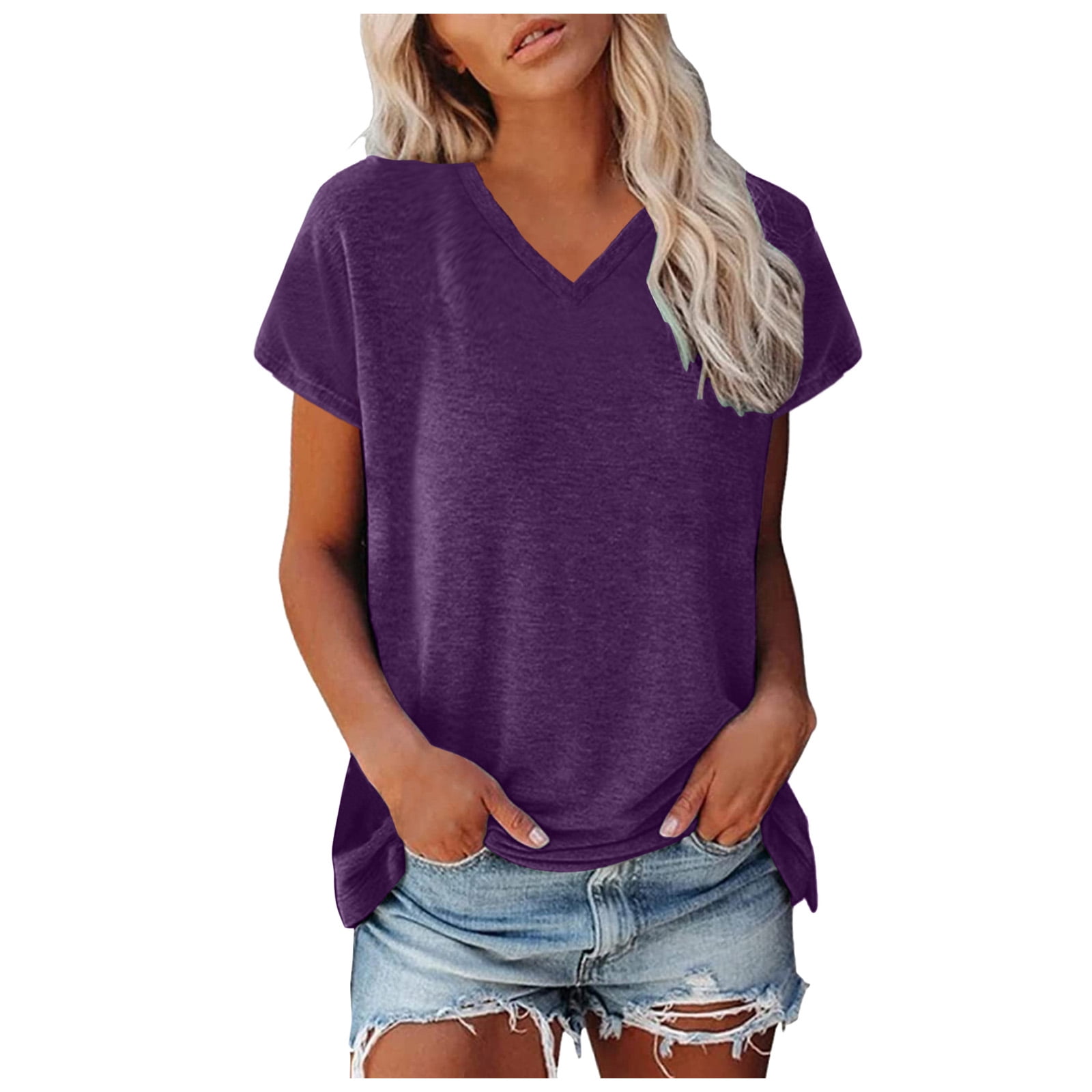 Graphic Tees for Women Cap Short Sleeve Summer Casual V Neck Solid ...