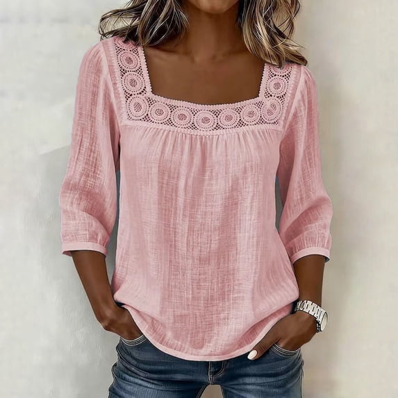 Graphic Tees for Women Casual Square Neck Lace Trim Patchwork Blend ...