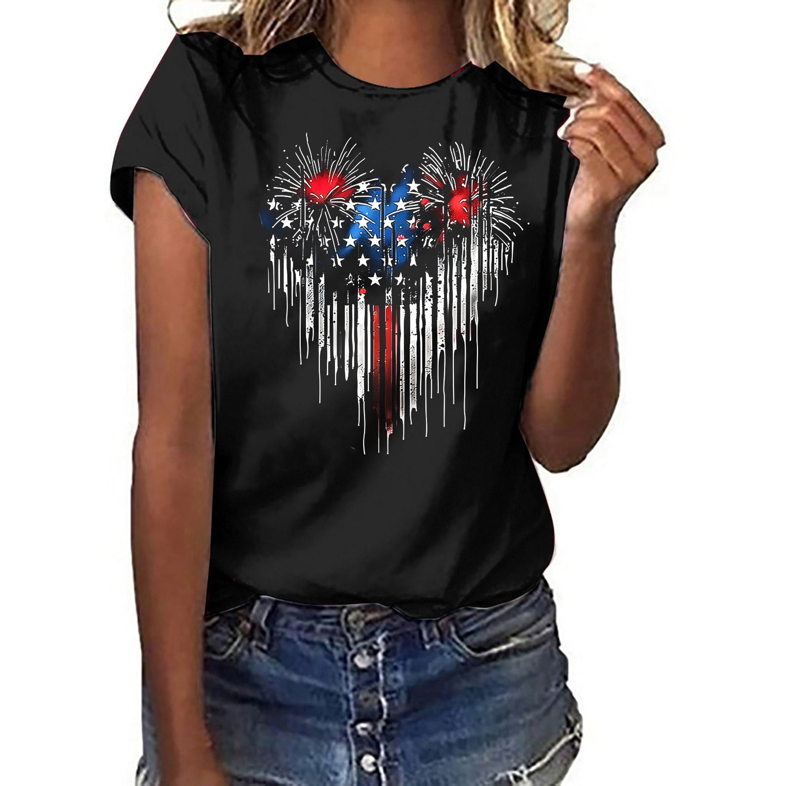 Graphic Tees for Women Patriotic Shirts Star Heart Print Short Sleeve ...