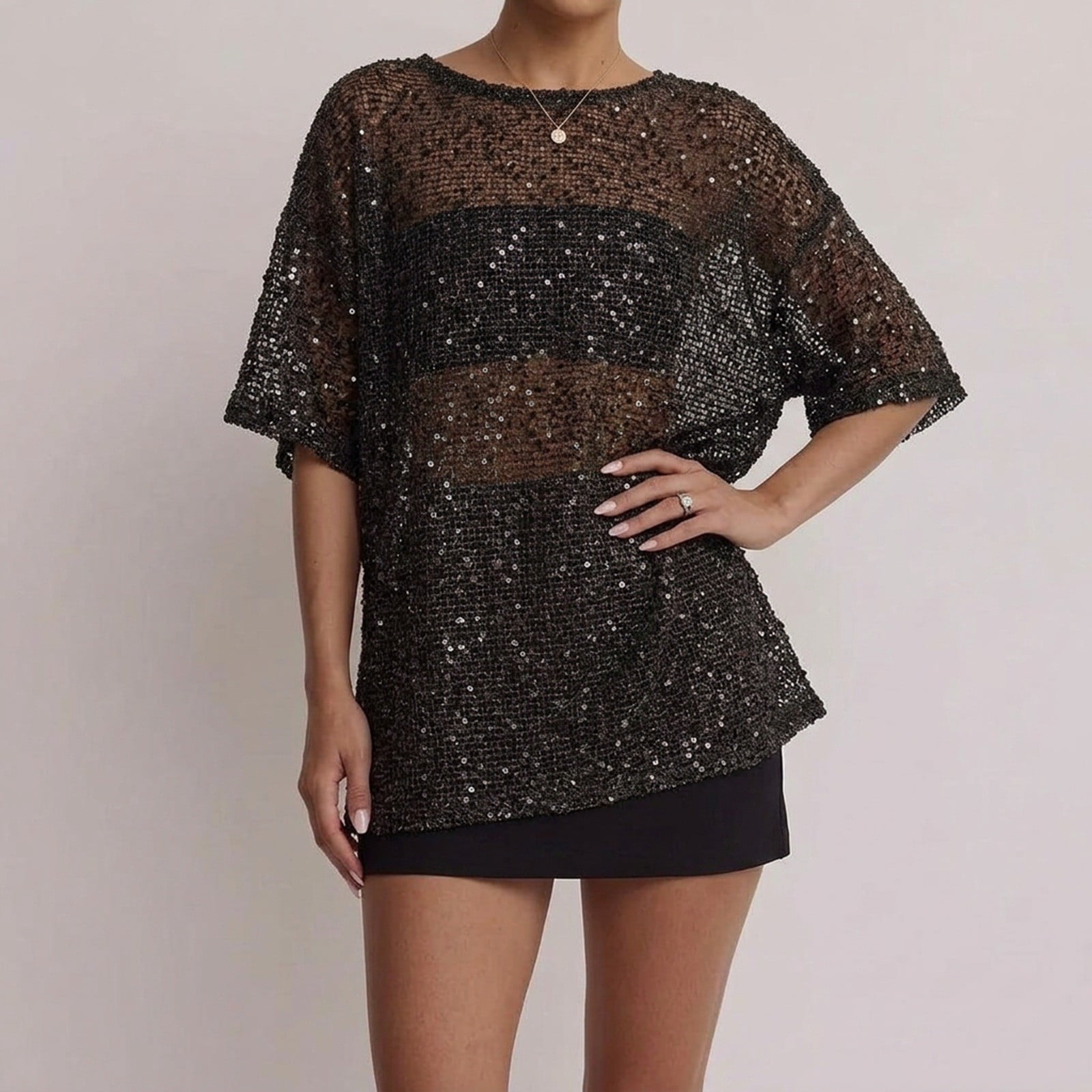 Graphic Tees for Women's Casual Sheer Mesh Sequin Summer Top with ...