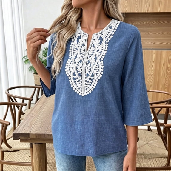 Graphic Tees for Women'stylish V-Neck Loose Solid Lace Panelled Three ...
