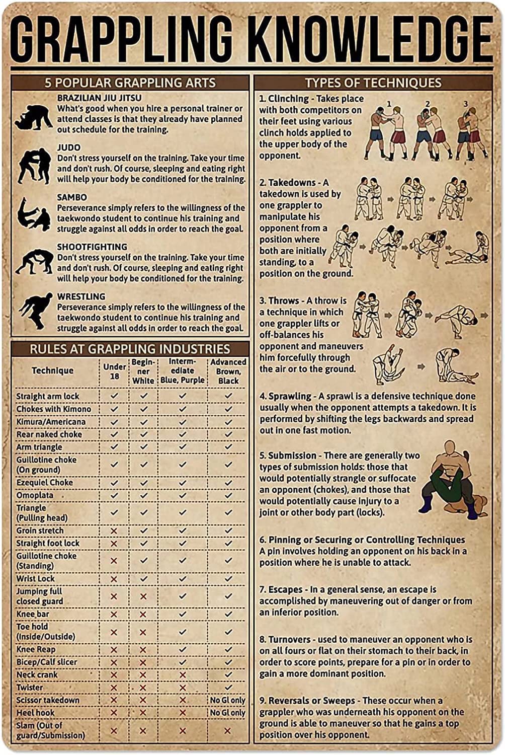 Grappling Knowledge Metal Tin Sign Martial Arts Types of Techniques ...