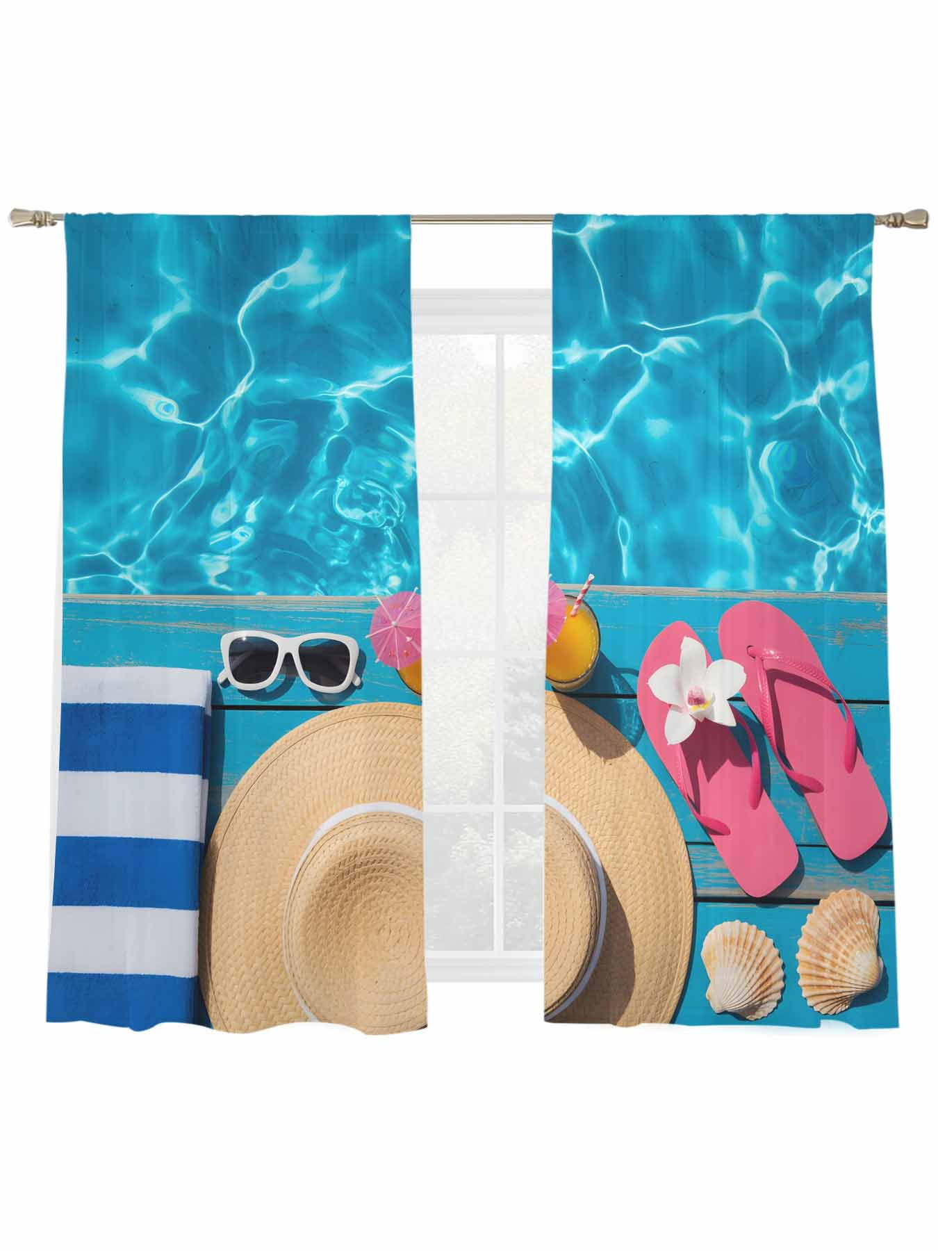 Grass Caps Sheer Curtains 2 Panels Set Pink Slippers Swimming Pool ...