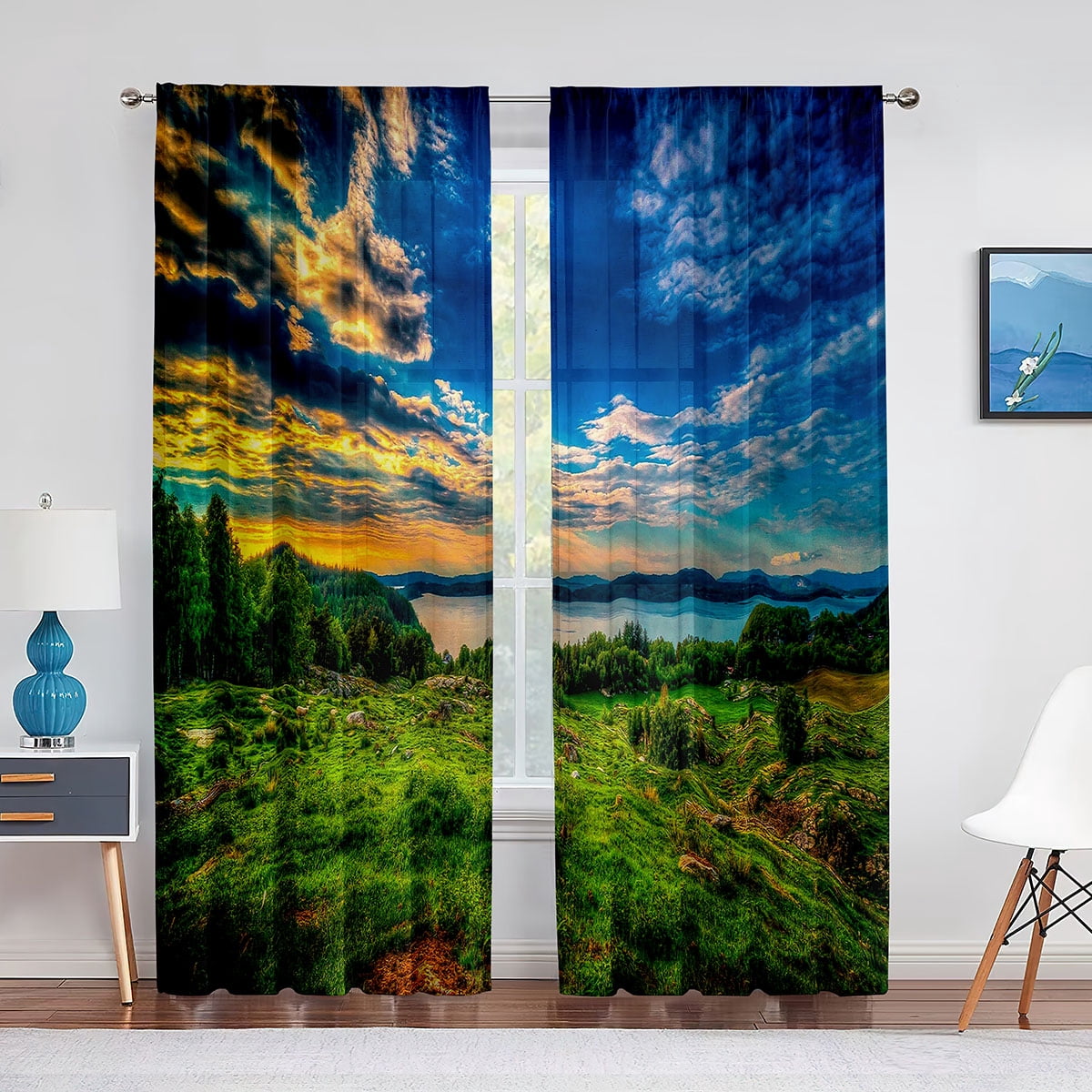 Grass Flower Field Mountain Landscape Nature Tulle Curtains for Living ...