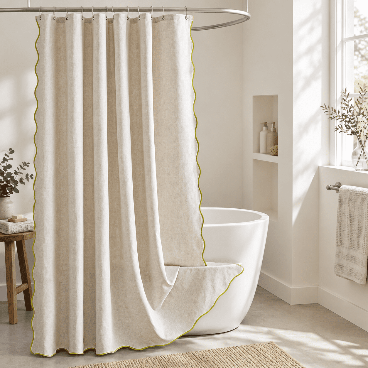 Grass Green Border Scalloped Extra Long Shower Curtain, 72