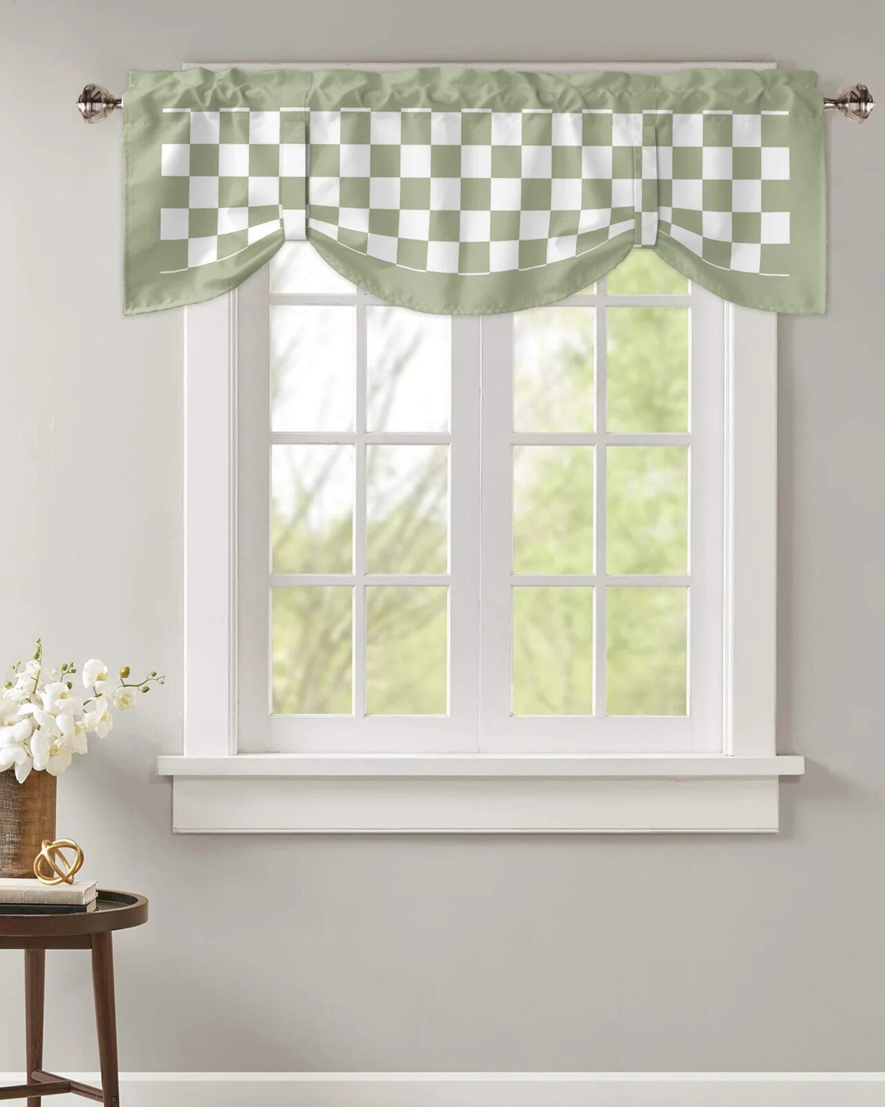 Grass Green Checkerboard Kitchen Curtains Balcony Adjustable Roman ...