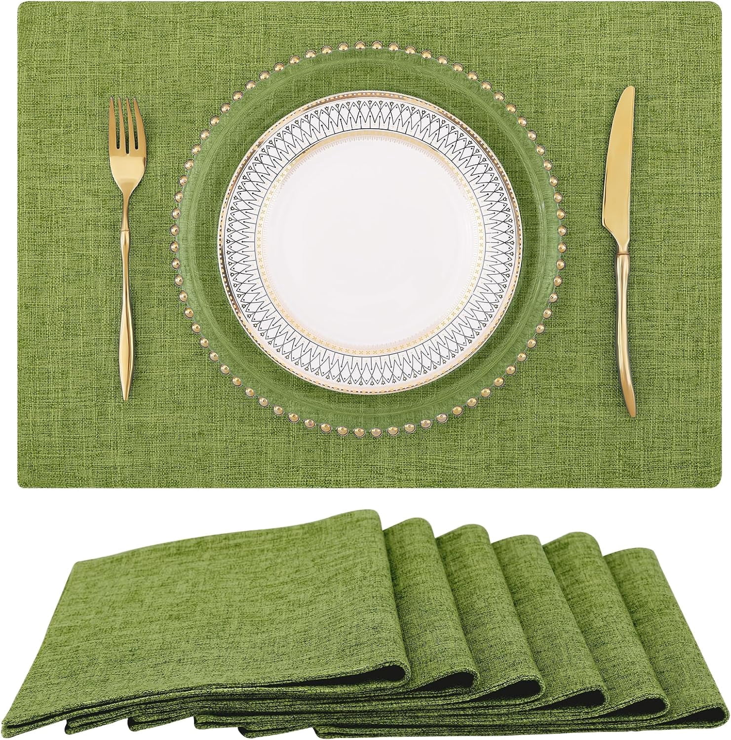 Grass Green Cloth Placemats for Dining Table Set of 6 Cotton Linen ...